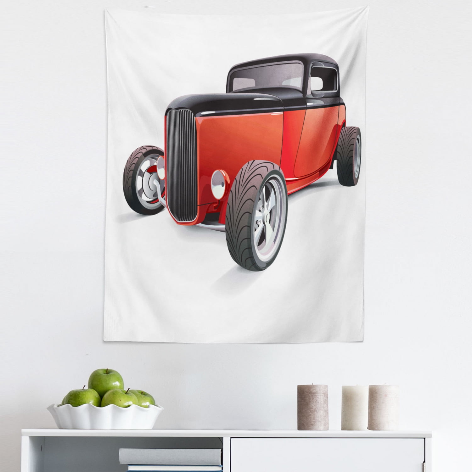 Cars Tapestry, Nostalgia Red Hot Rod American Culture Retro Revival ...