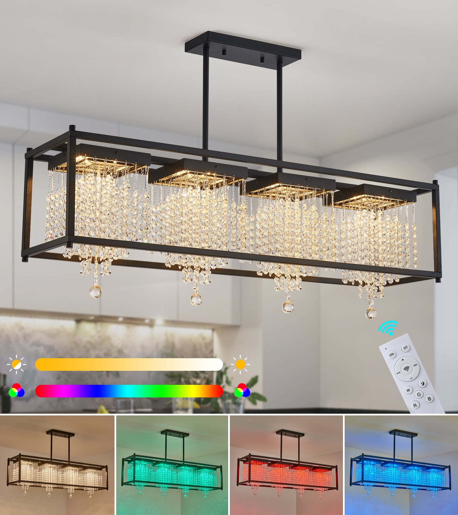 Q&S Black Modern Rectangle K9 Crystal Chandeliers RGB Light Color Party ...