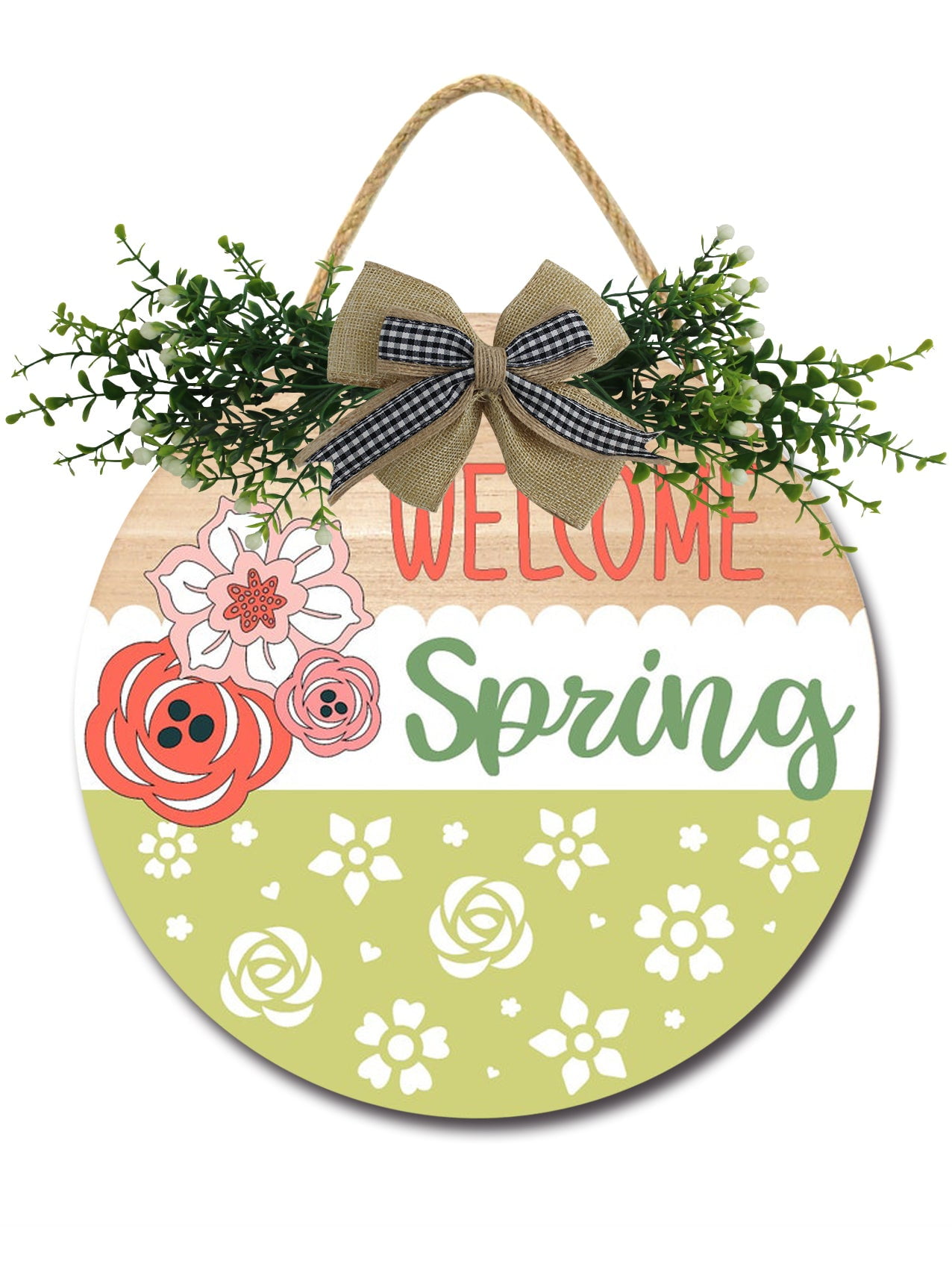 Eveokoki Welcome Spring Sign Front Door Porch Decorations, Round Rustic ...