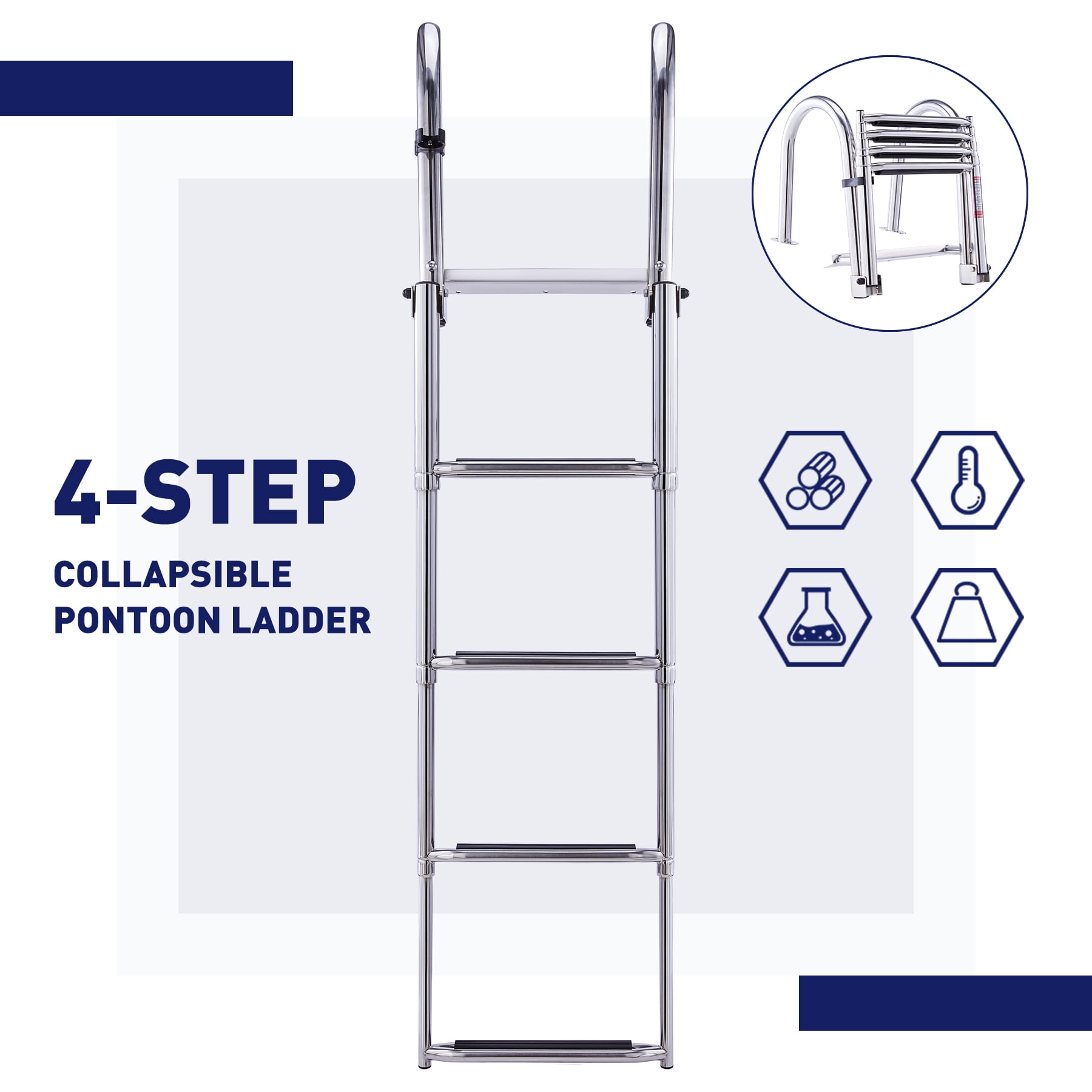 4 Rung Telescopic Ship Ladder with Handrails for Boat Pool Pontoon Dock ...