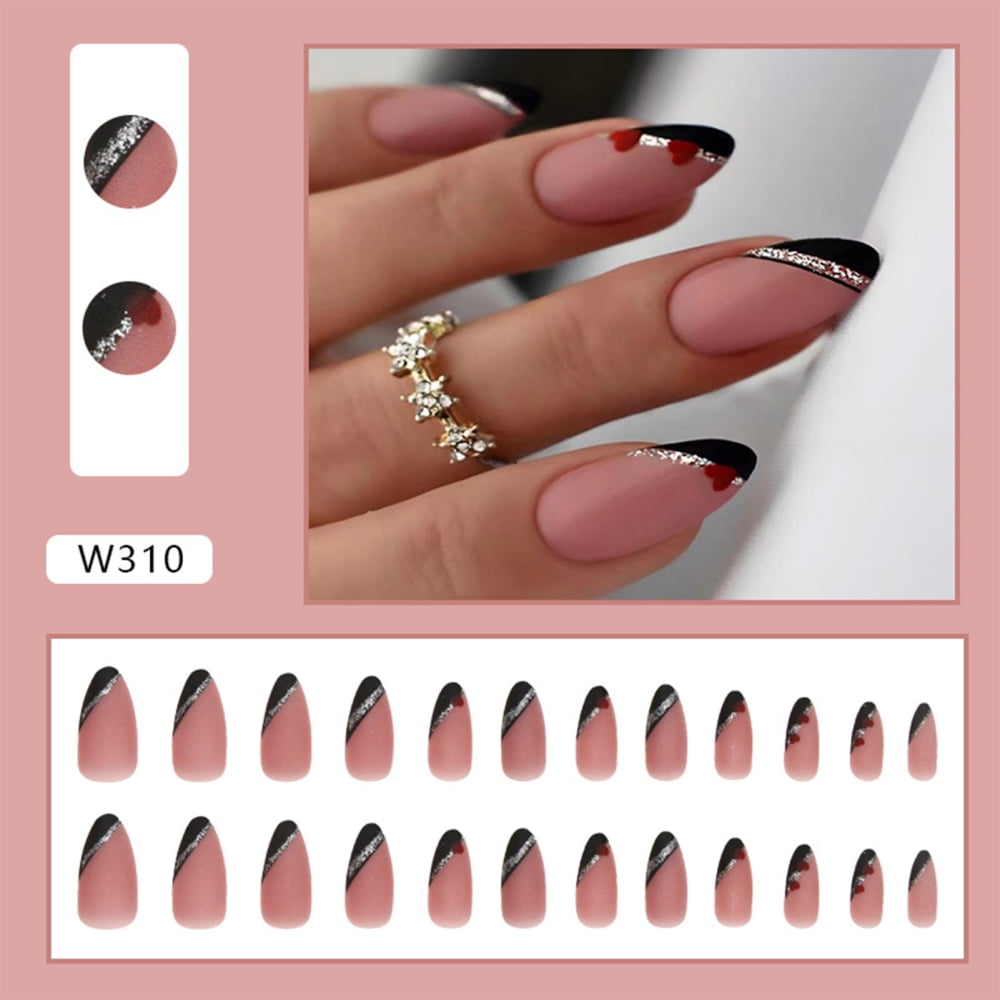 Black Hypotenuse French Fake Nails Unique Trendy Design Nail Pieces For ...
