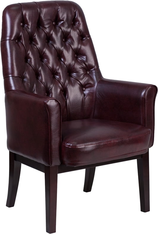 High Back Traditional Tufted Burgundy LeatherSoft Side Reception Chair ...