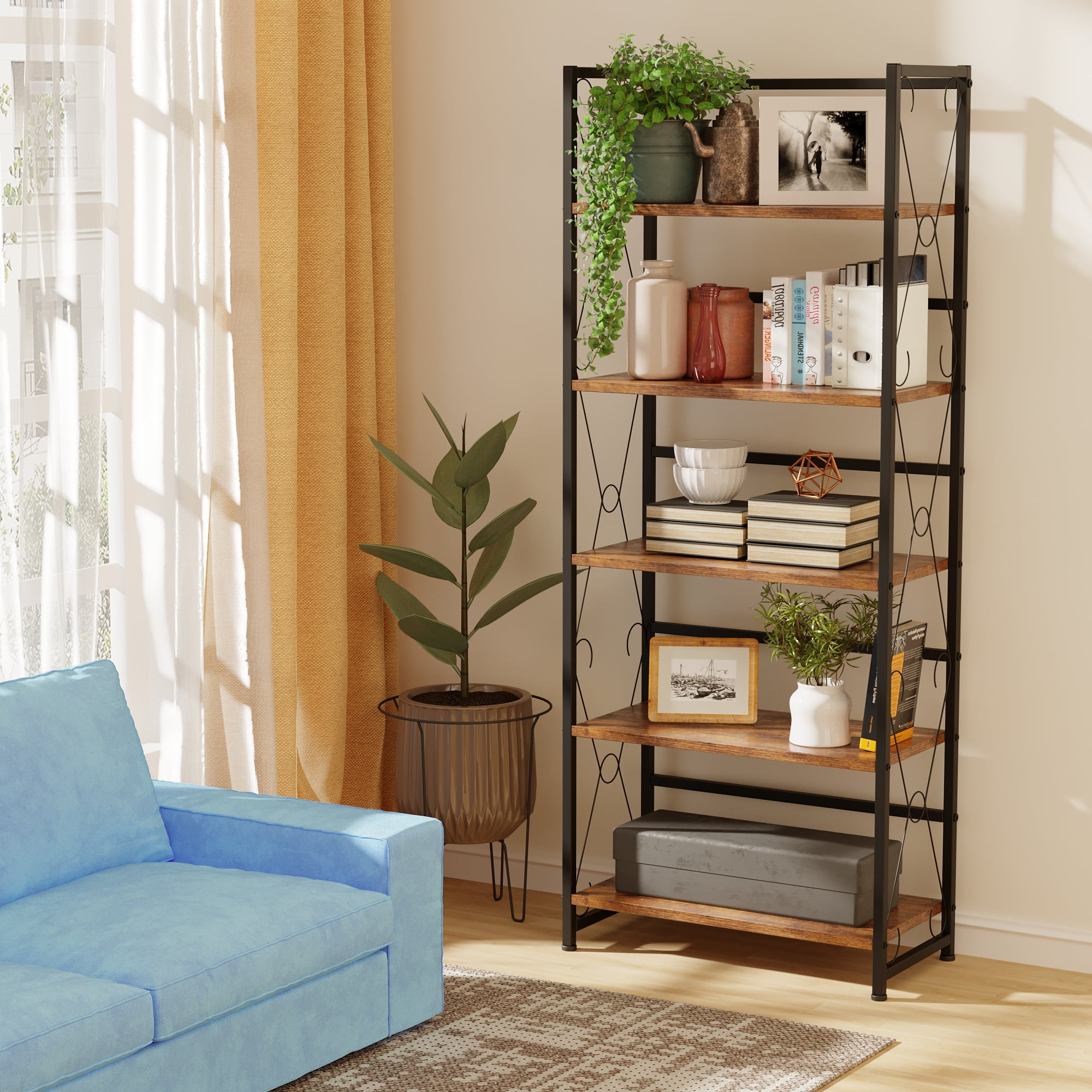 Bookshelf Modern Metal Frame Bookcase 5-Tier 64'' Tall Storage Rack for ...