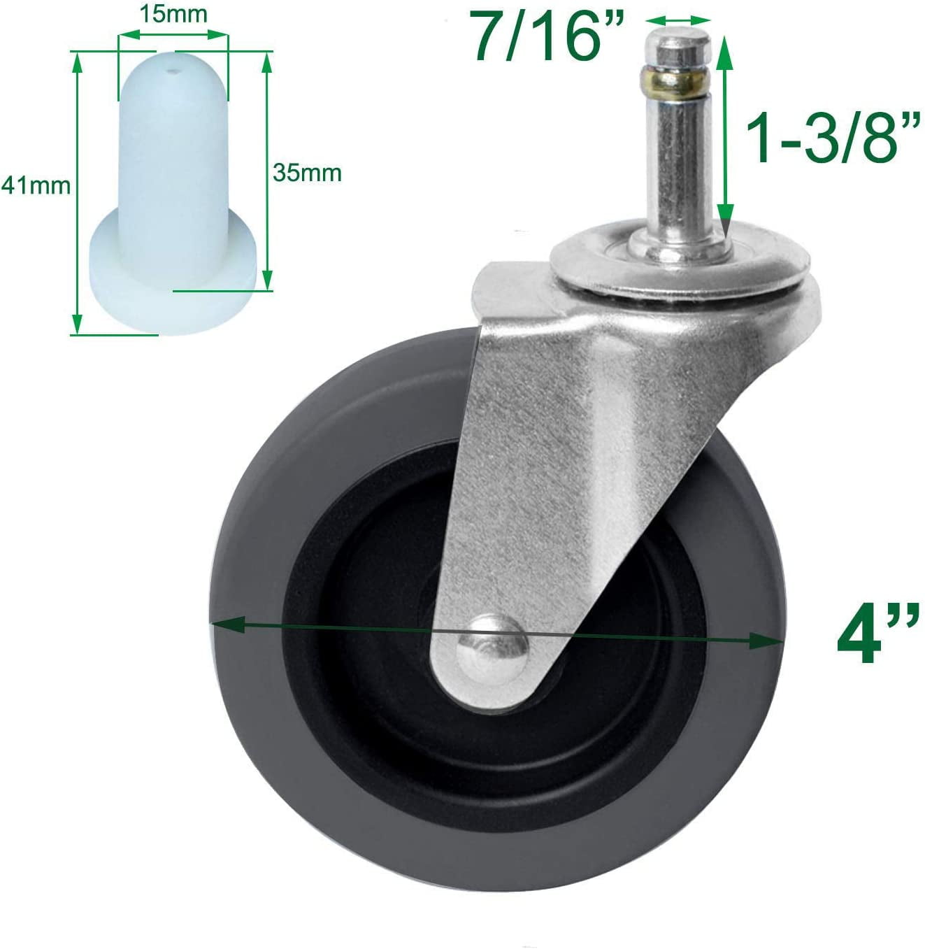 Buy MySit 4 Caster Replacement Swivel Stem 7/16x 1-3/8 TPR Rubber ...