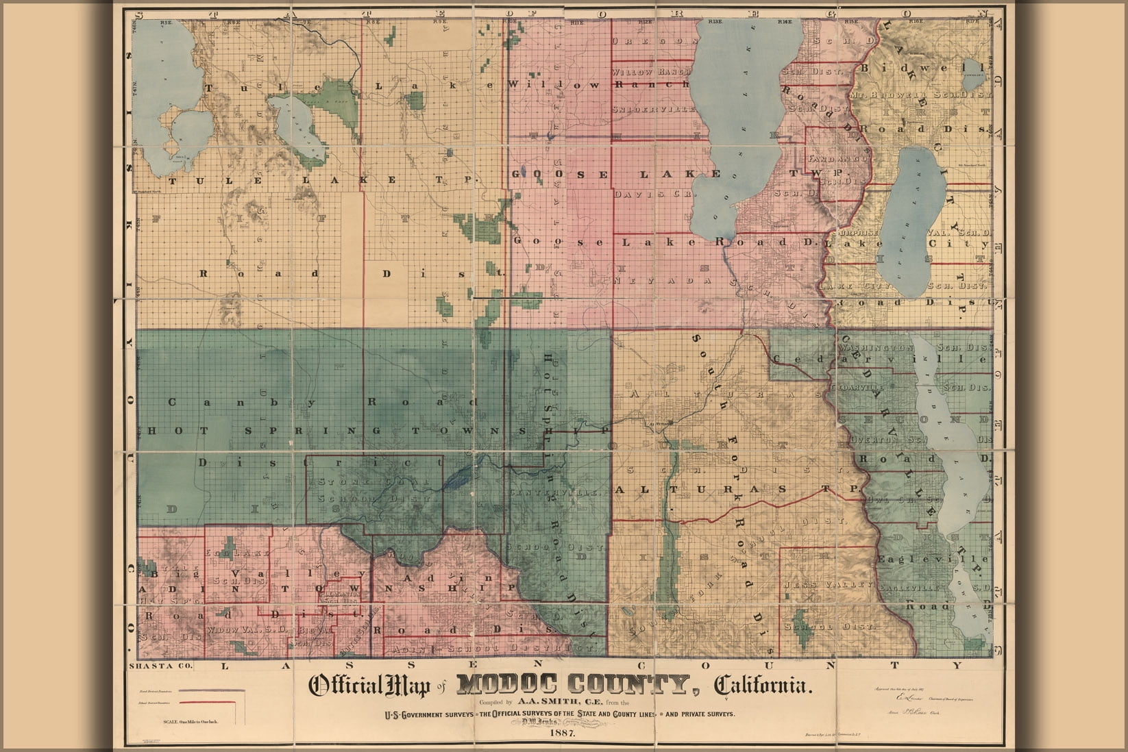 24"x36" Gallery Poster, Official map of Modoc County, California 1887 ...