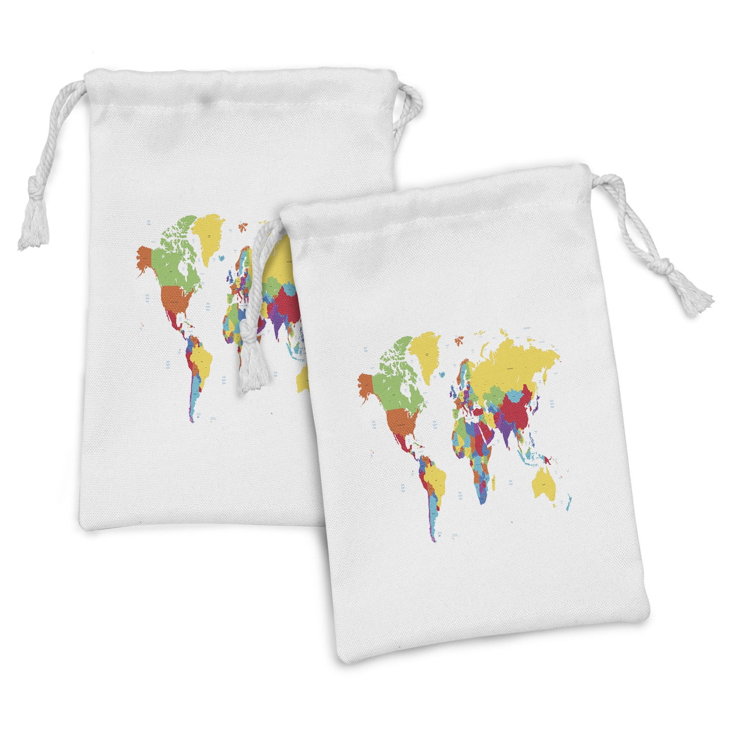 World Map Fabric Pouch Set of 2, Colorful Detailed Continents Design ...