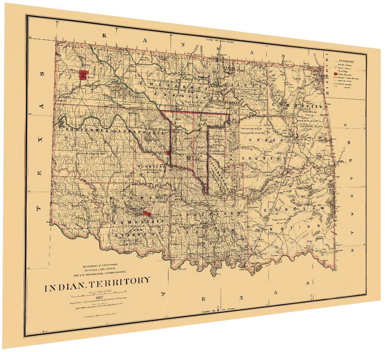 1887 Indian Territory Oklahoma Map - Vintage Map of Oklahoma Wall Art ...