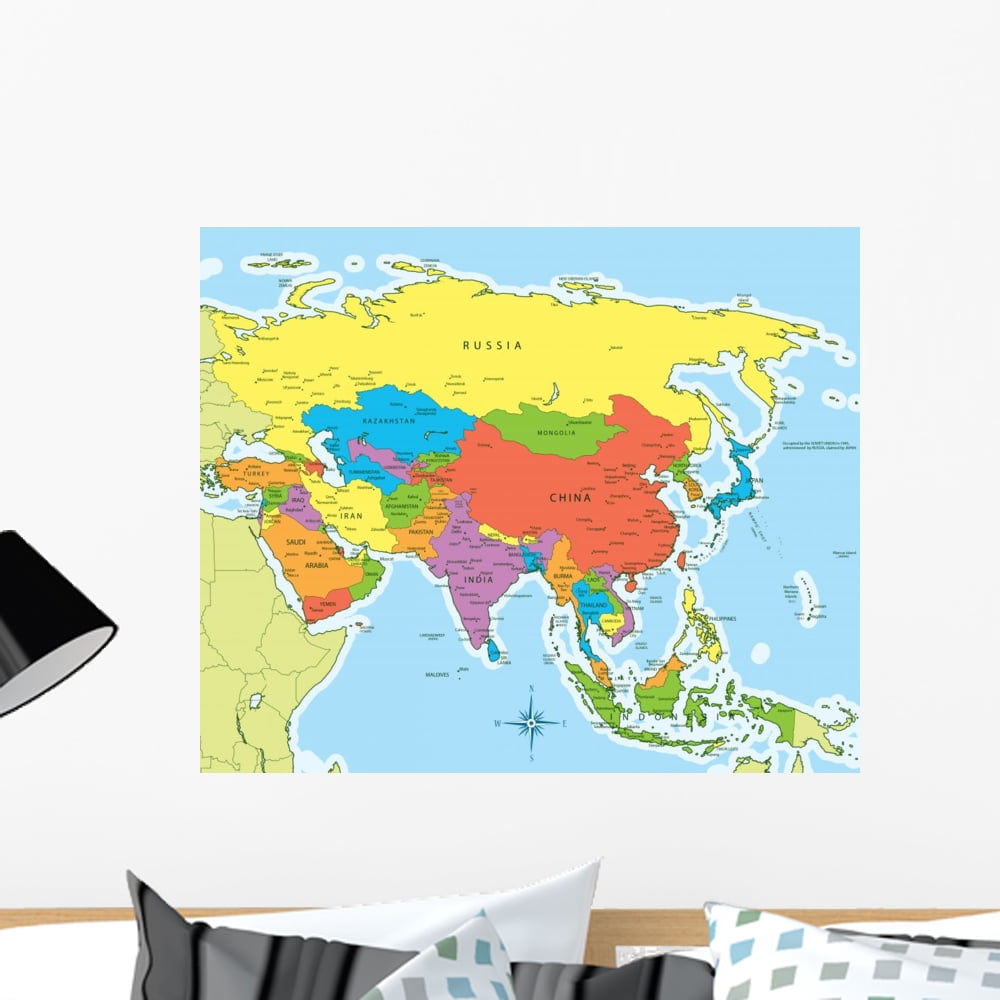 Asia Map Countries and Wall Mural Decal Sticker, Wallmonkeys Peel ...