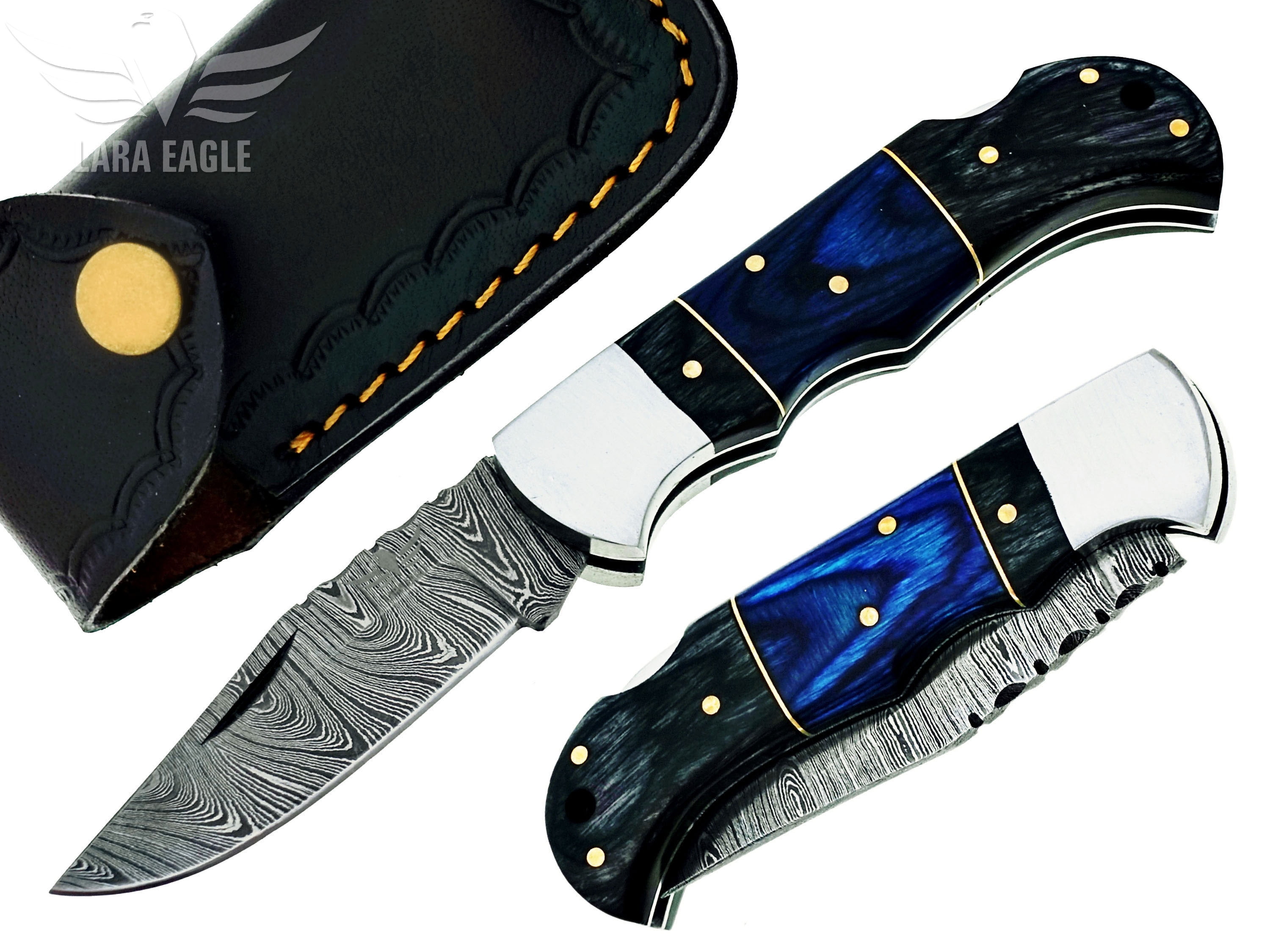 Lara Eagle Damascus Pocket Knife Gray Wooden Handle Handmade Knives ...