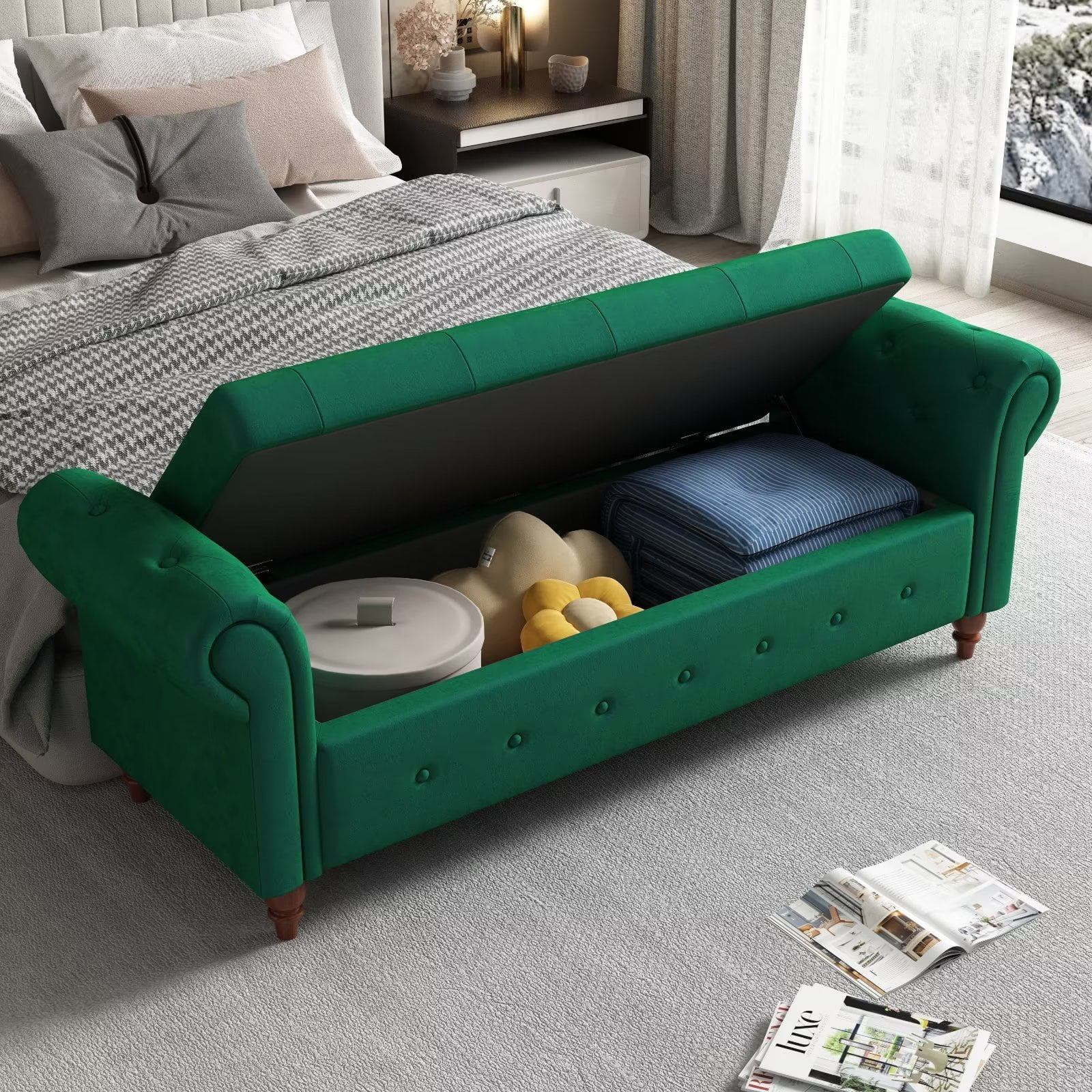 63" Long Storage Bench, Button Tufted Bed End Storage Bench with Rolled ...