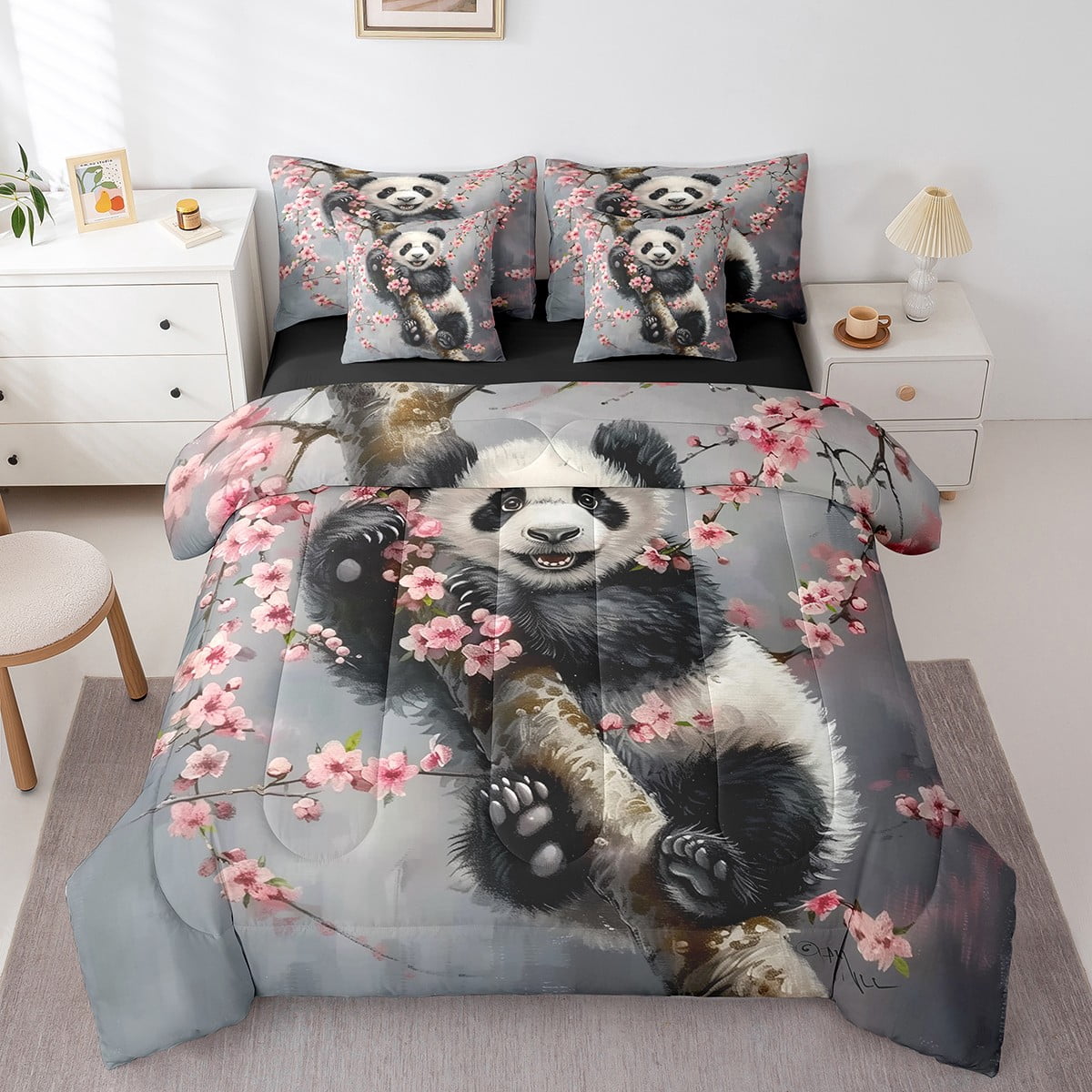 Erosebridal Kawaii Panda Bed in a Bag King size,Cherry Blossom Flower ...