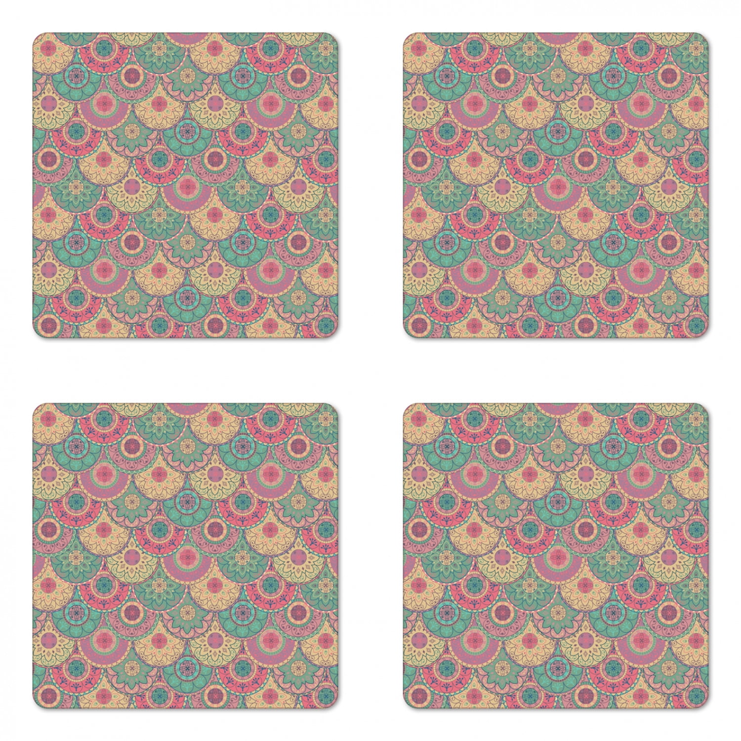 Vintage Coaster Set of 4, Oriental Colorful Circular Shapes Traditional ...