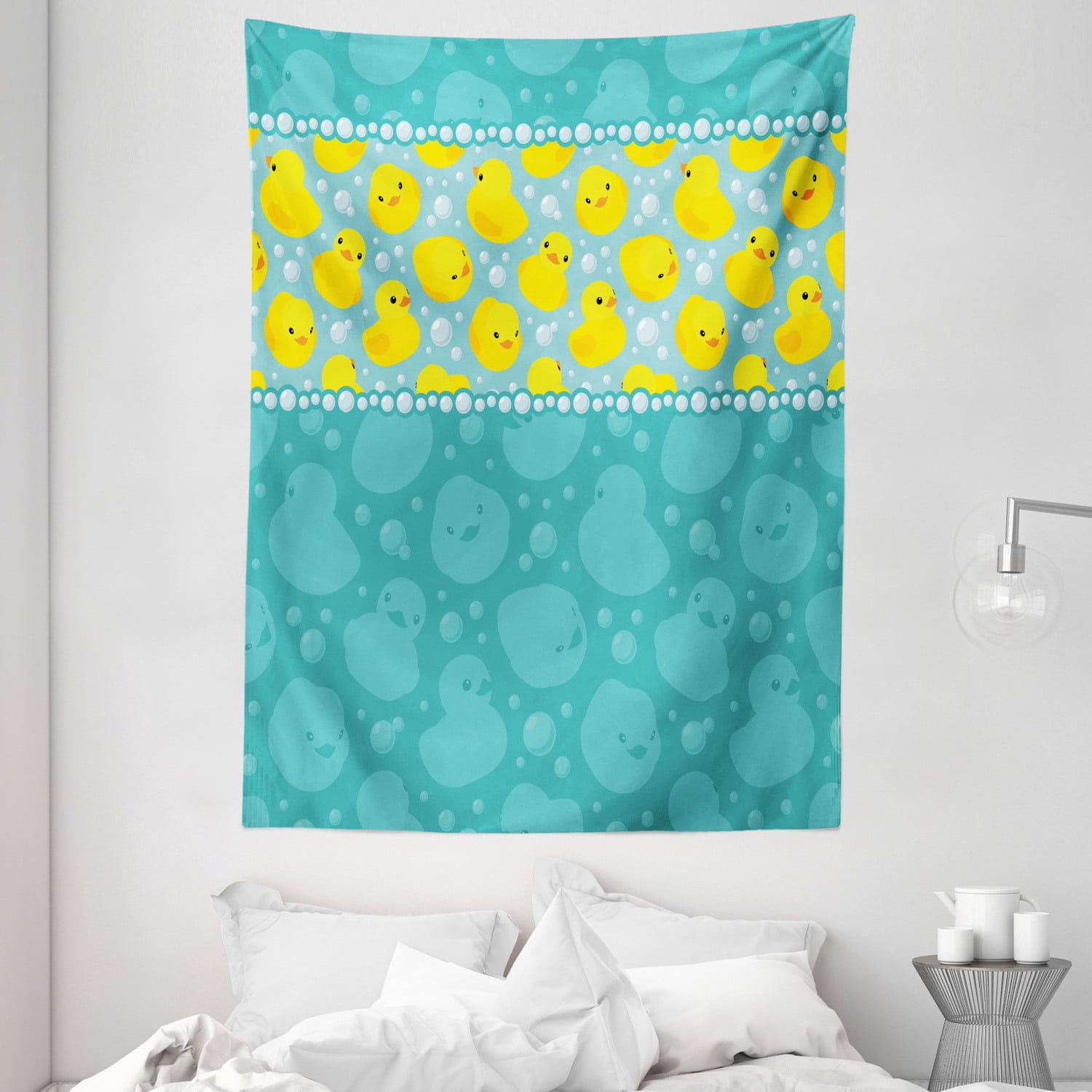 Rubber Duck Tapestry, Yellow Cartoon Duckies Swimming in Water Pattern ...