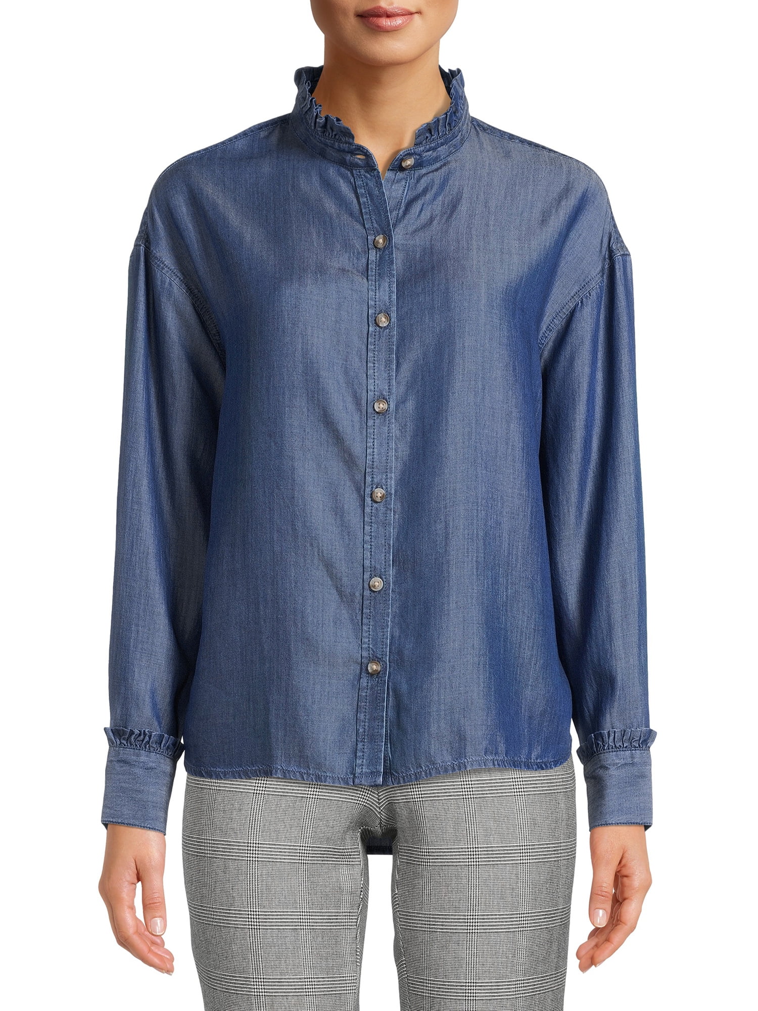 Time and Tru Women's Ruffle Collar Shirt - Walmart.com