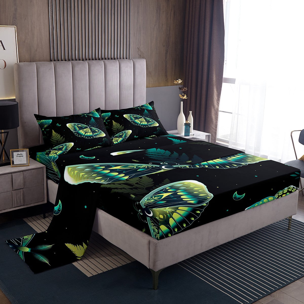 YST Gothic Moth Sheet Set Green Butterfly Queen Sheets Glitter Stars ...