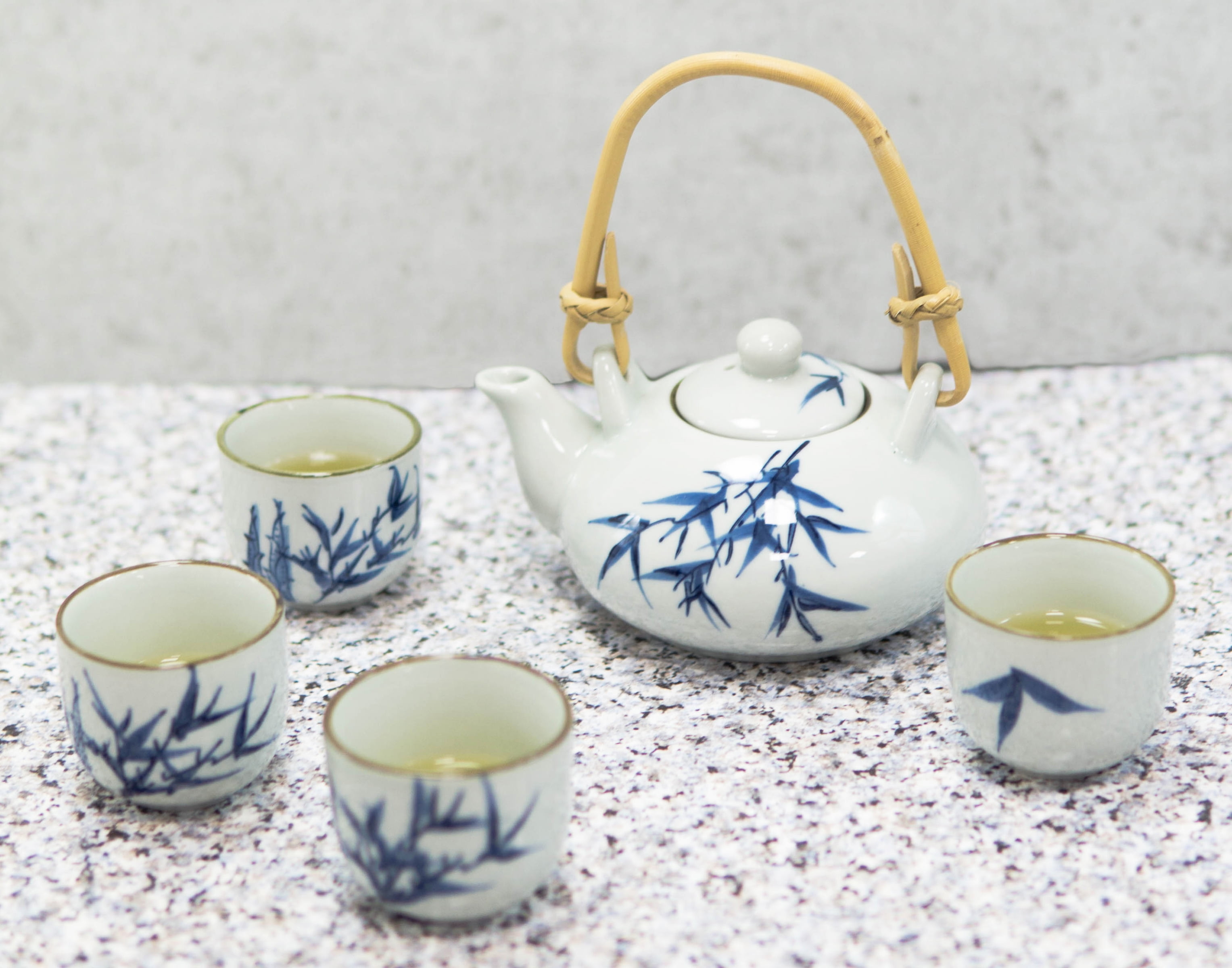 Blue Oriental Bamboo Branches And Leaves Design Porcelain Tea Pot And 4 ...