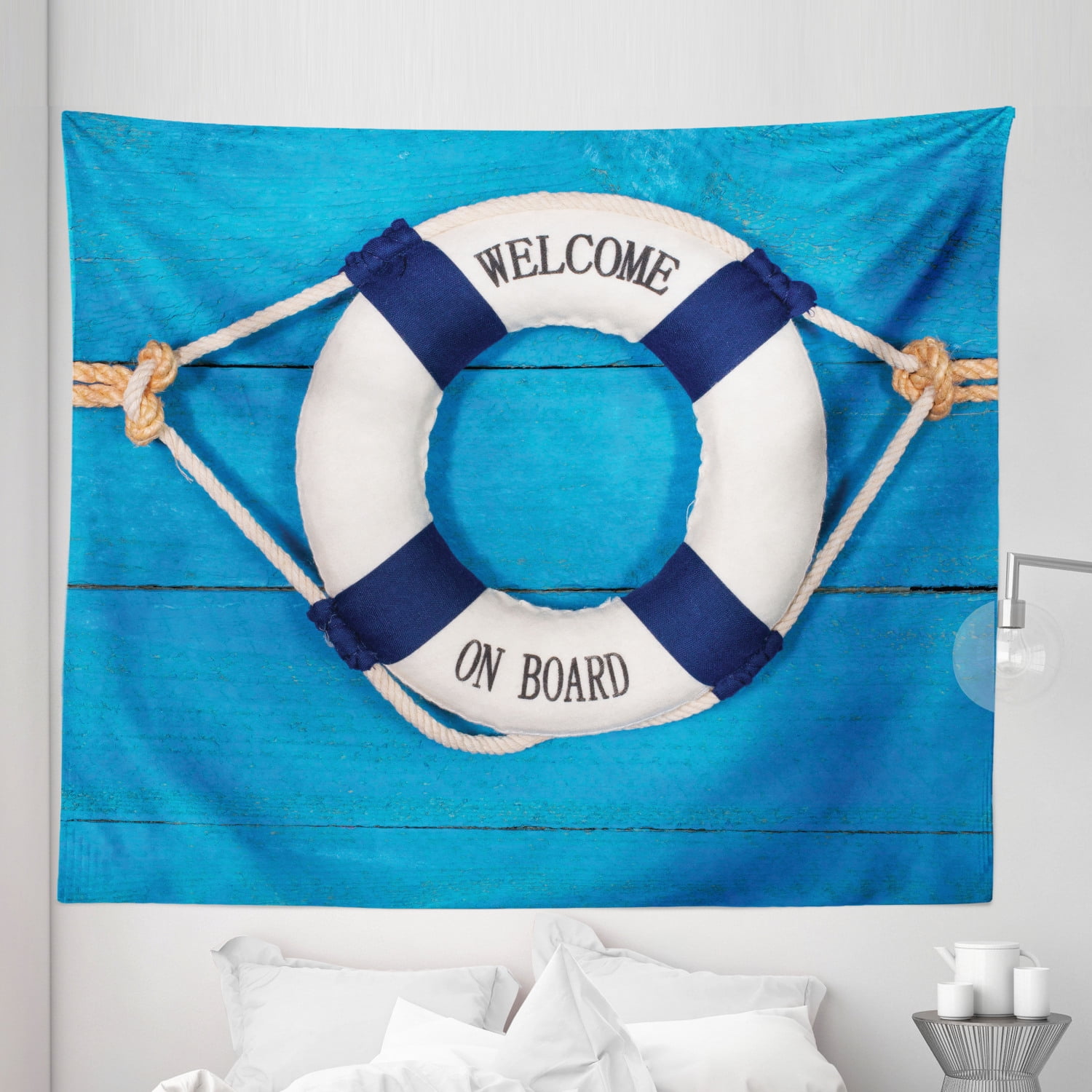 Nautical Tapestry, Welcome on Board Sign on Painted Timber Wall ...