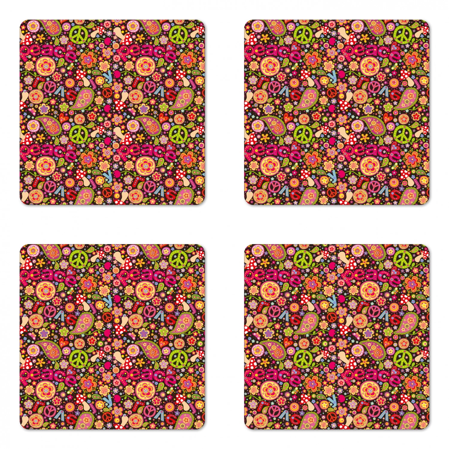 70s Party Coaster Set of 4, Groovy Peace and Love Composition ...