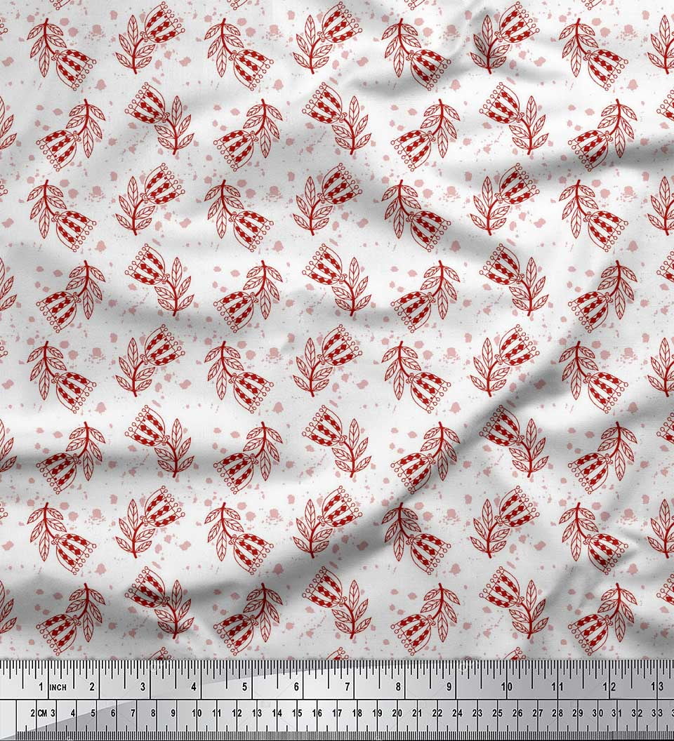 Soimoi Red Georgette Viscose Fabric Leaves & Floral Folk Art Print ...