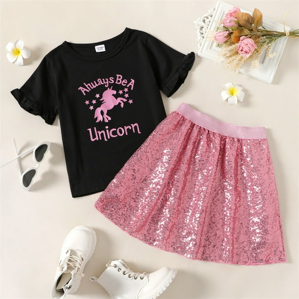 PatPat Toddler Girls Clothing Unicorn Short Sleeve T-Shirt Princess Sequined Skirt 2-Piece ...