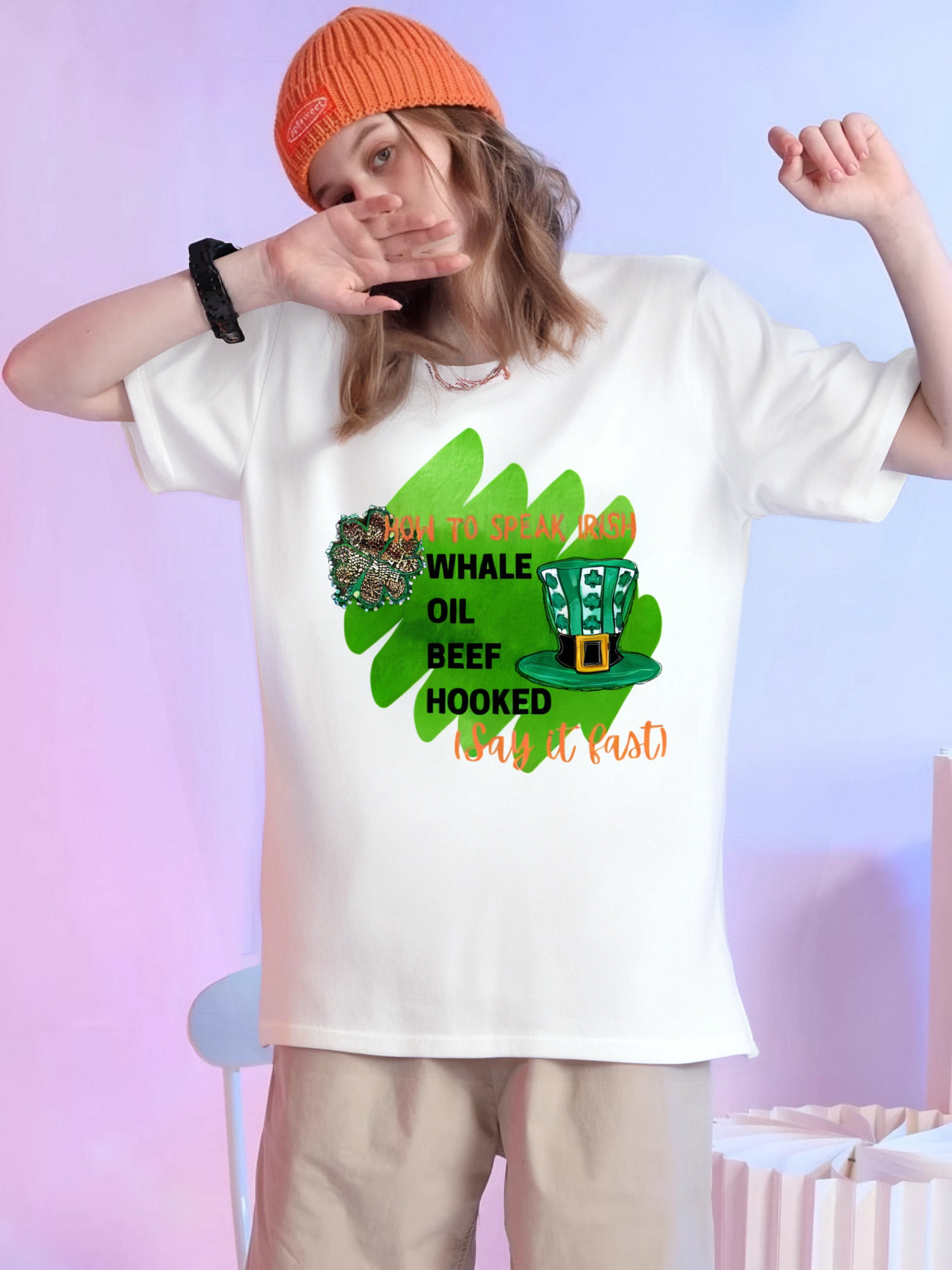 Women's St. Patrick's Day T-Shirt - Whimsical Whale & Beef Oil Graphic ...