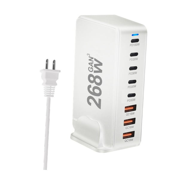 Cargador USB C de 268 W, adaptador de escritorio de 8 puertos, cargador de escritorio GaN de ...