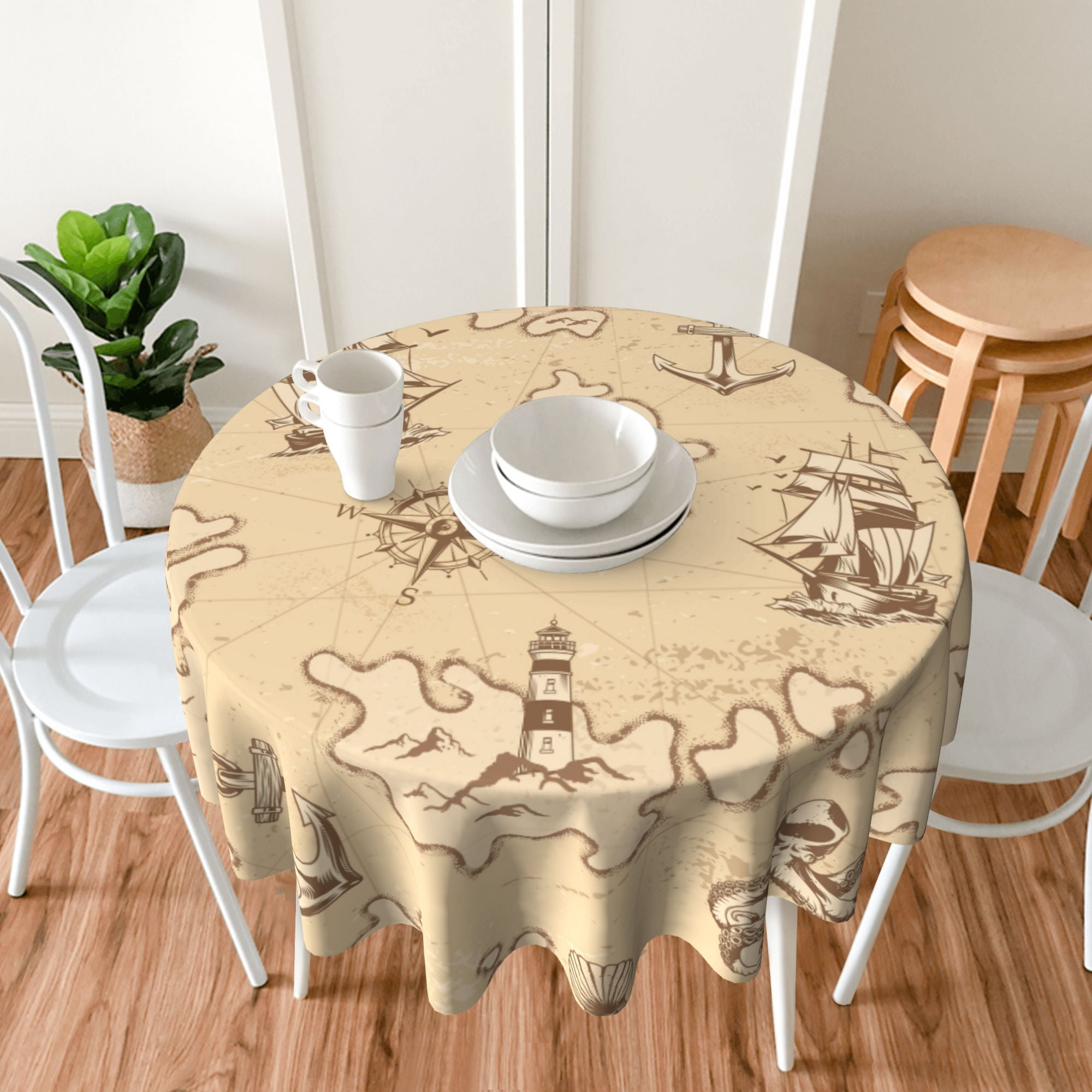 TEQUAN 60" Round Tablecloth, Vintage Nautical Old Ship Compass Pattern ...