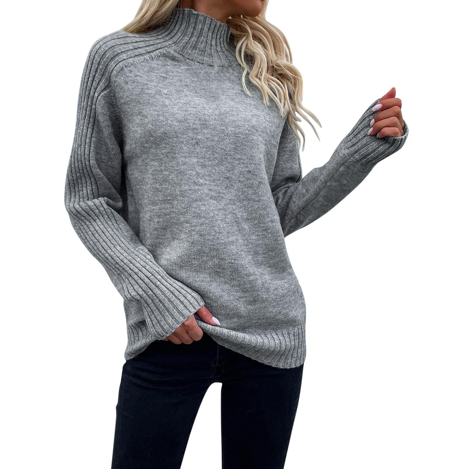 Duoif Sweaters for Women Trendy Women's Winter Solid Sweater High Neck ...