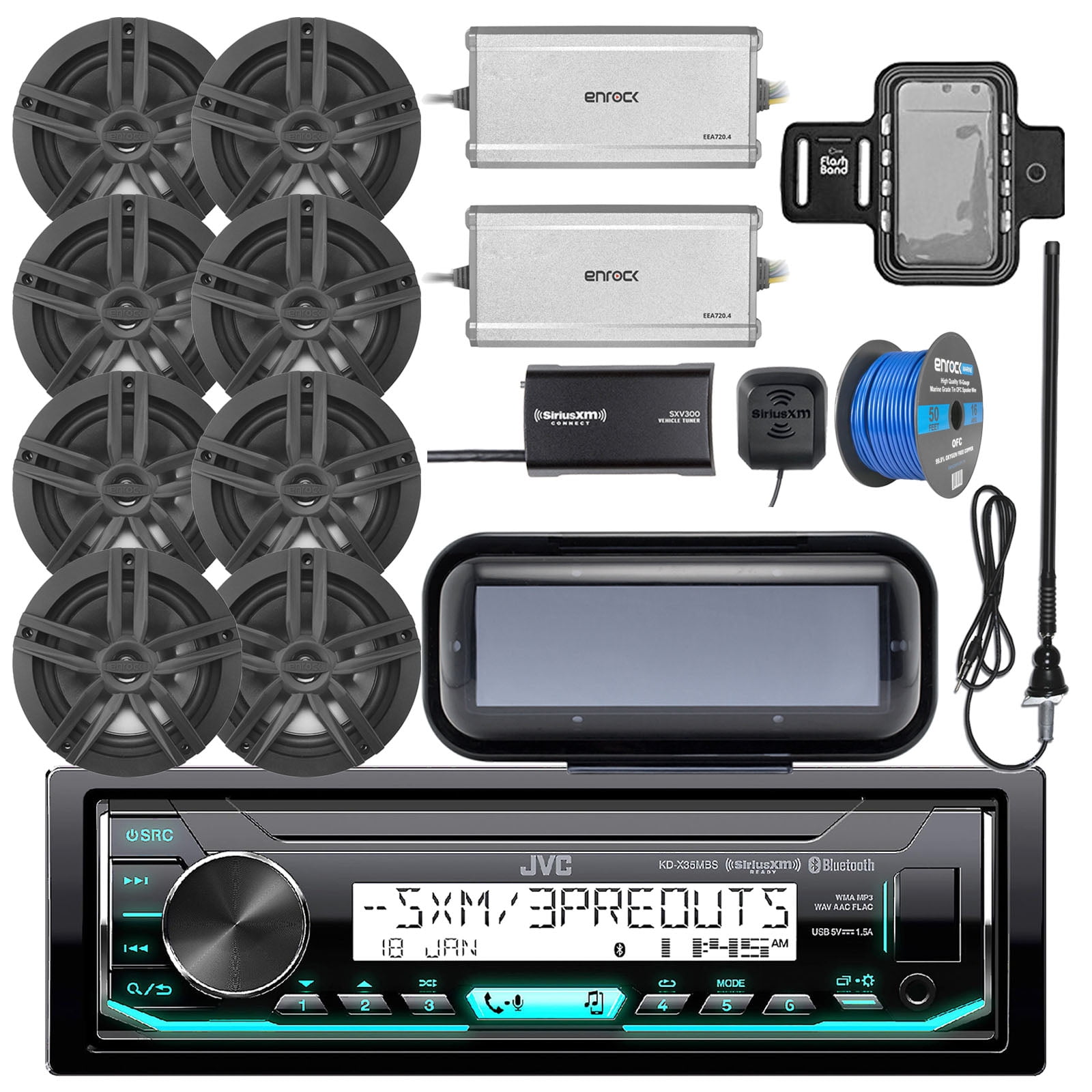 JVC KD-X35MBS Marine AM/FM Bluetooth XM Receiver, Radio Cover , 8x Enrock Marine 2-Way 6.5 ...