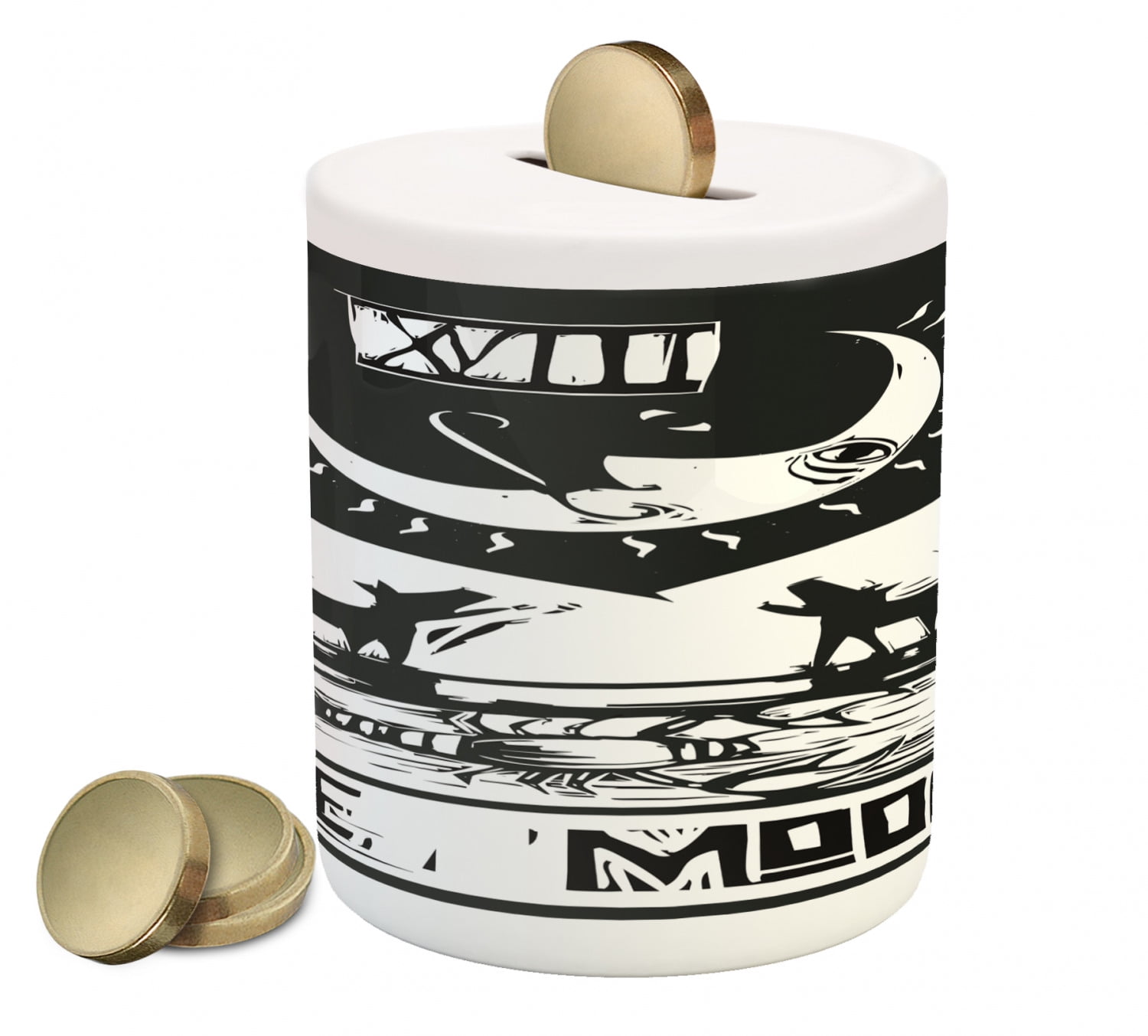 Moon Piggy Bank, Brown White Drawing Lobster Wolves Crescent Moon Stars ...