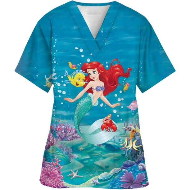 Disney Princess Ariel Elsa Print Scrub Tops Women Dentist Working ...