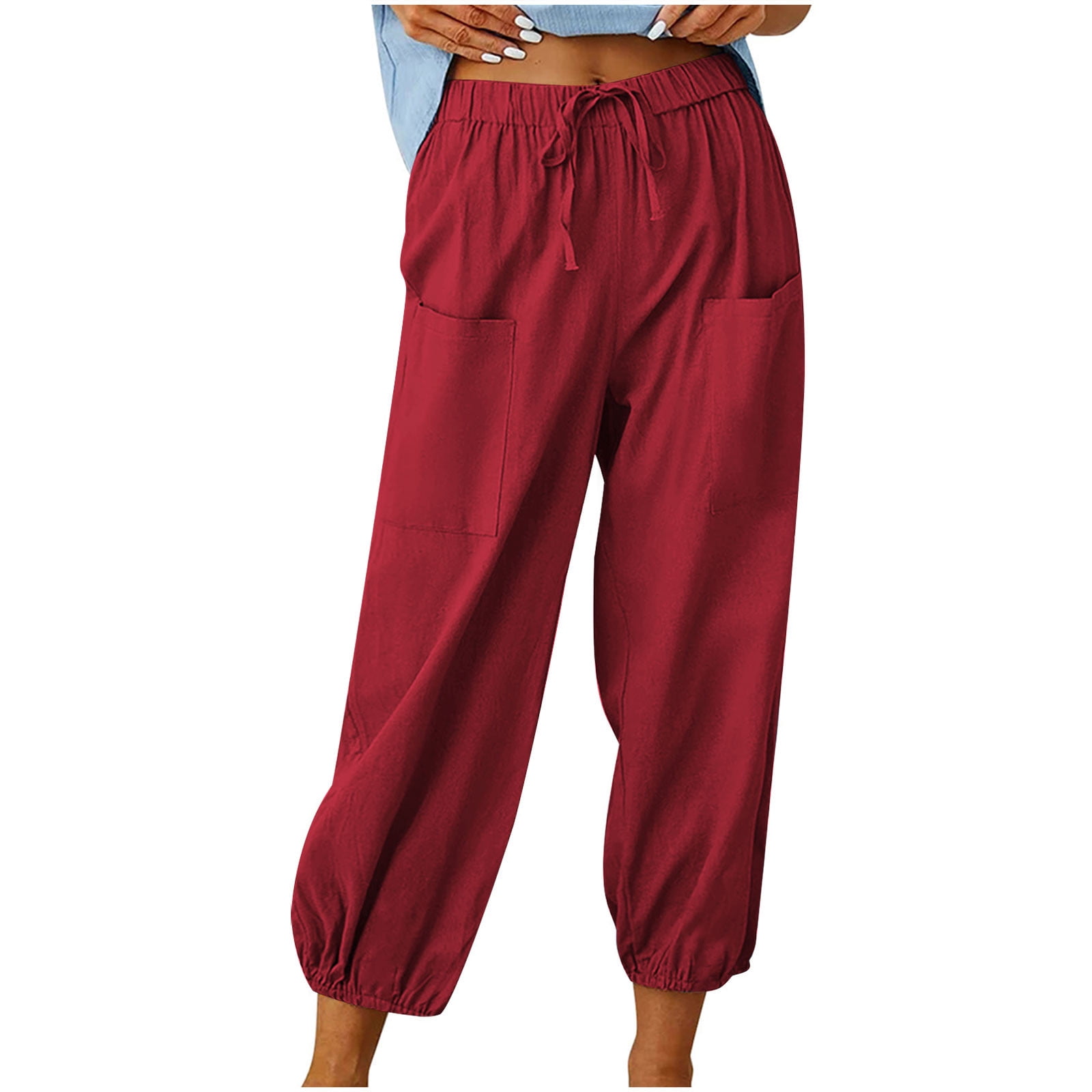 Fchengtais Womens Cotton Linen Capri Pants 2023 Summer Loose Wide