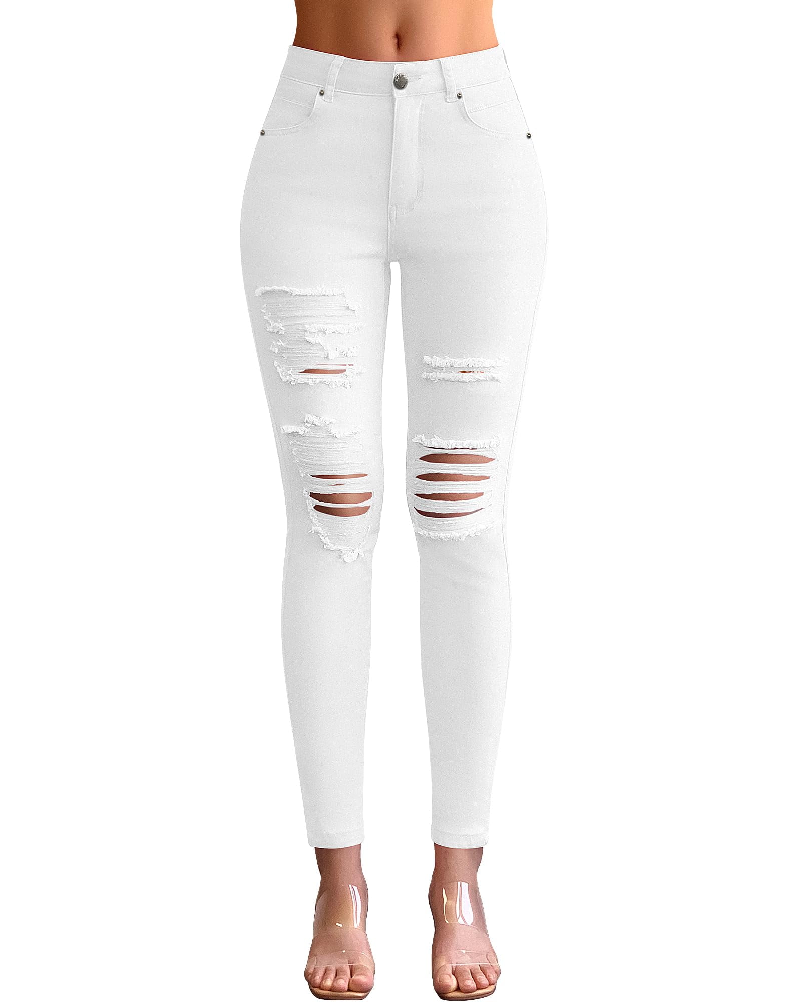 Jeans skinny destruidos de tiro medio rasgados para mujer, blancos ...