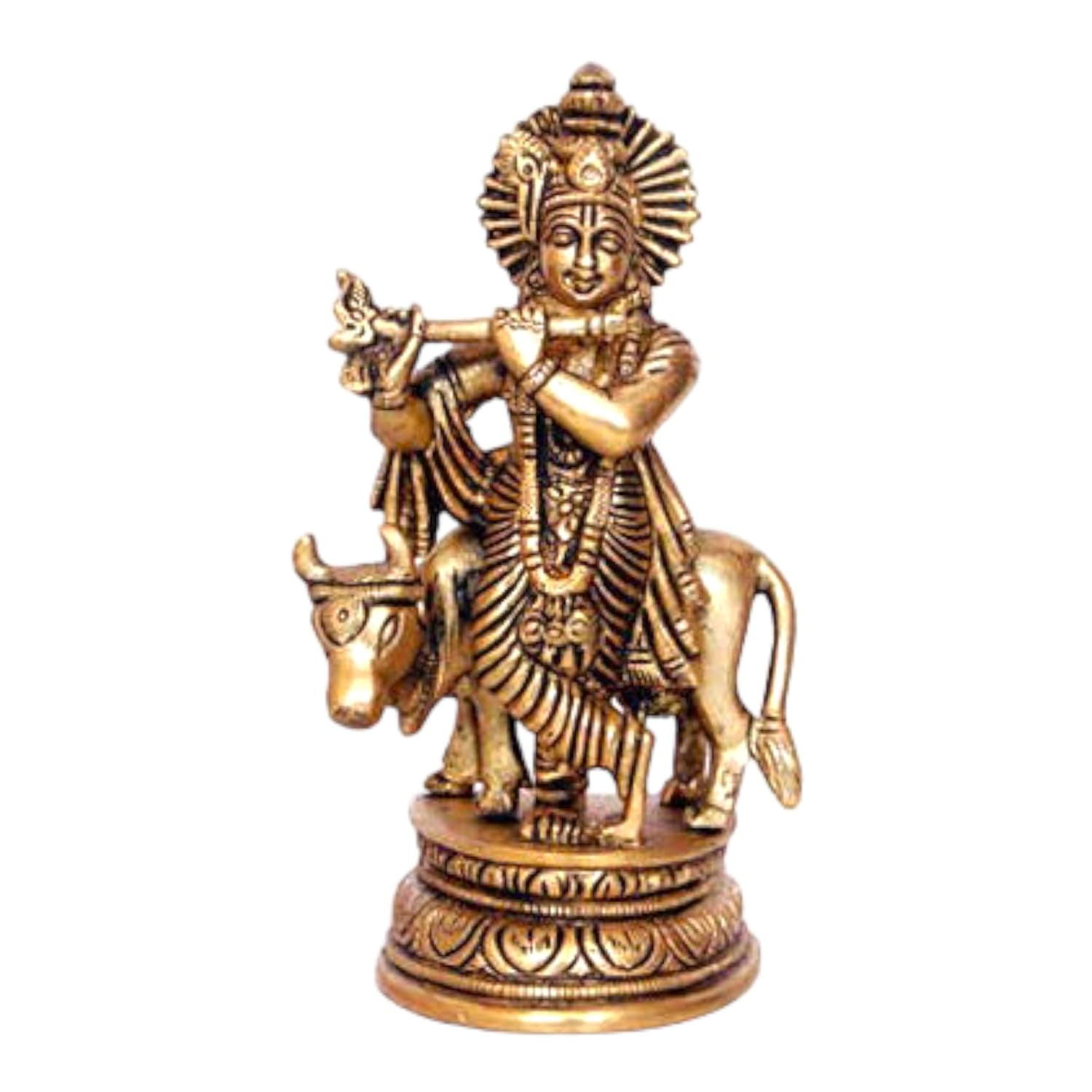 Ashtadhatu Lord Krishna With Cow Religious Idol, Gold, Pure Brass - 6 ...