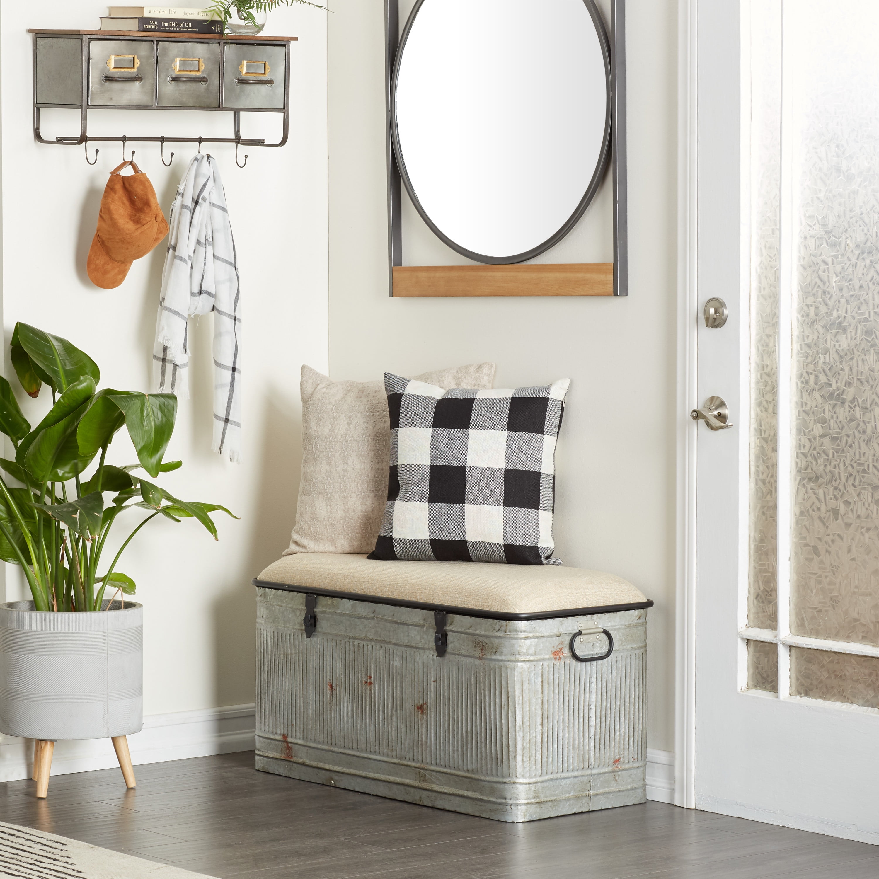 DecMode Metal Galvanized Storage Bench with Cream Burlap Top and ...