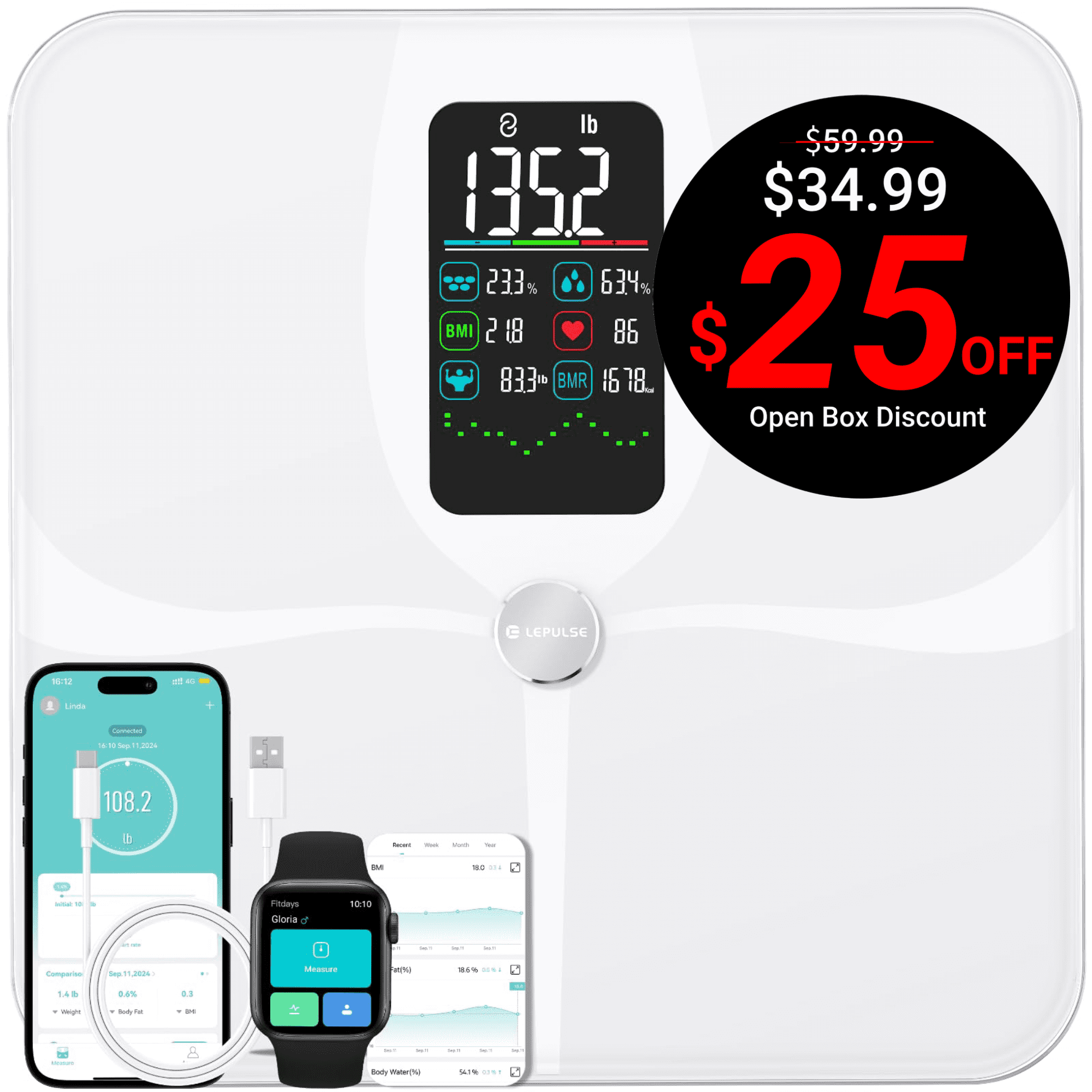 Open Box Rechargeable Body Scale for Weight Fat Heart Rate Heart Index ...