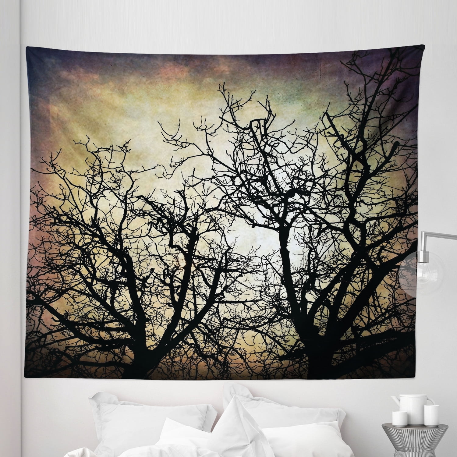 Horror Tapestry, Scary Twilight Scene with Grunge Tree Branch ...