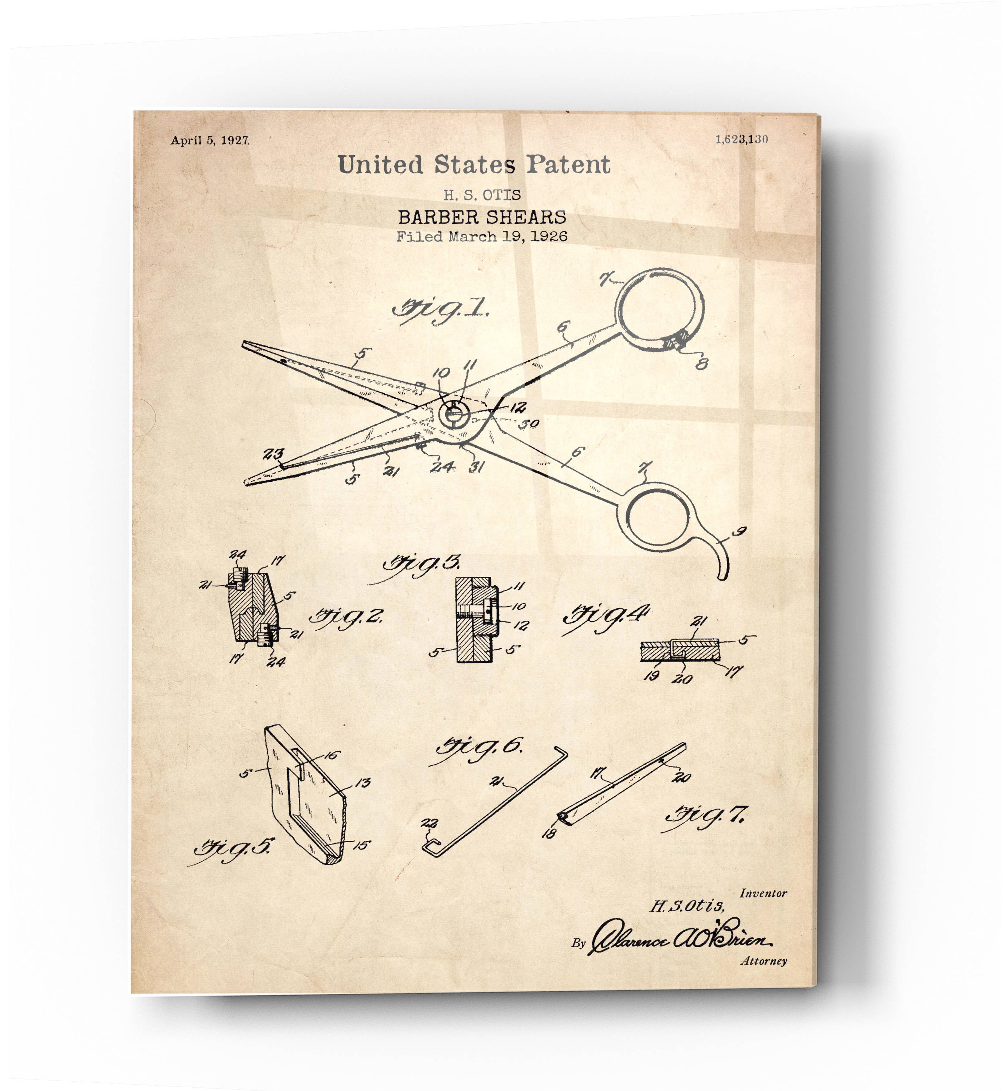 Epic Art 'Barber Shears Blueprint Patent Parchment' Acrylic Glass Wall ...