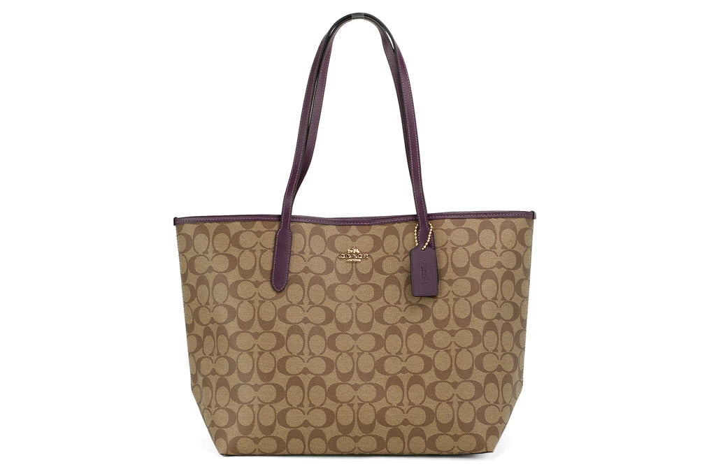 Coach (5696) Signature Coated Canvas Khaki Boysenberry City Tote ...