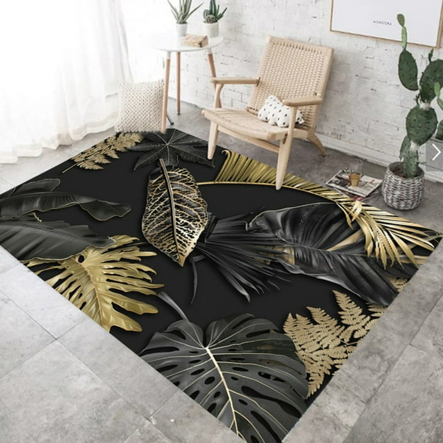 Black Gold Jungle Tropical Palm Tree Leaves Area Rug Rugs For Living ...