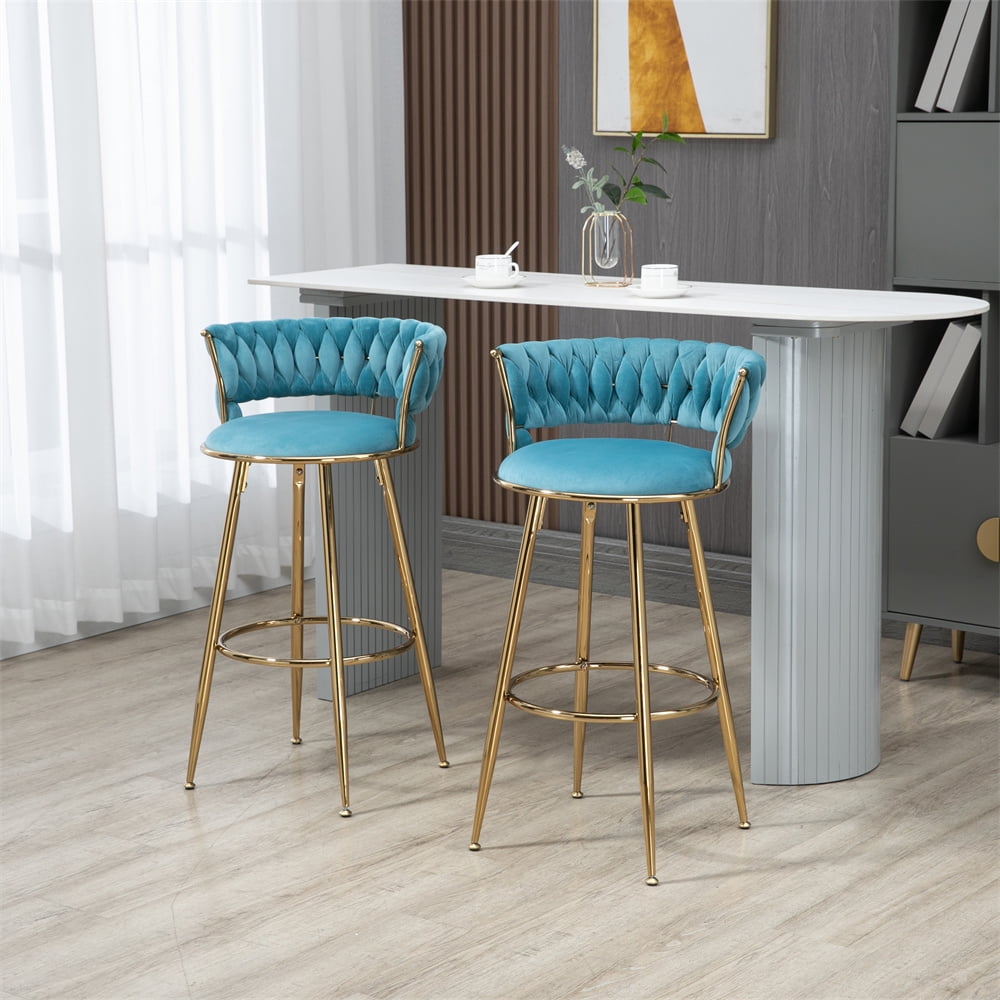 Blue Bar Stools Set of 2, Velvet Counter Height Stools with Back and ...
