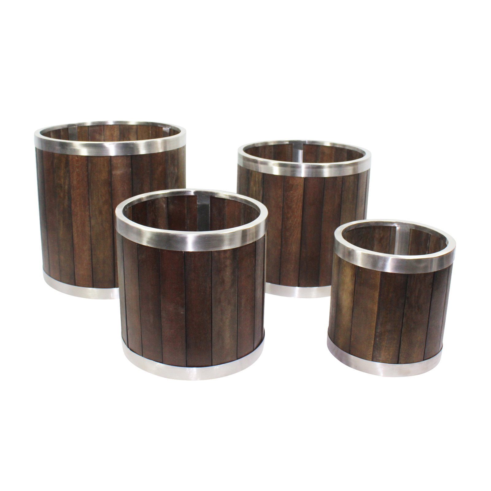 Leisure Season 10" Round Wood Planter with Stainless Steel Trim in Dark ...