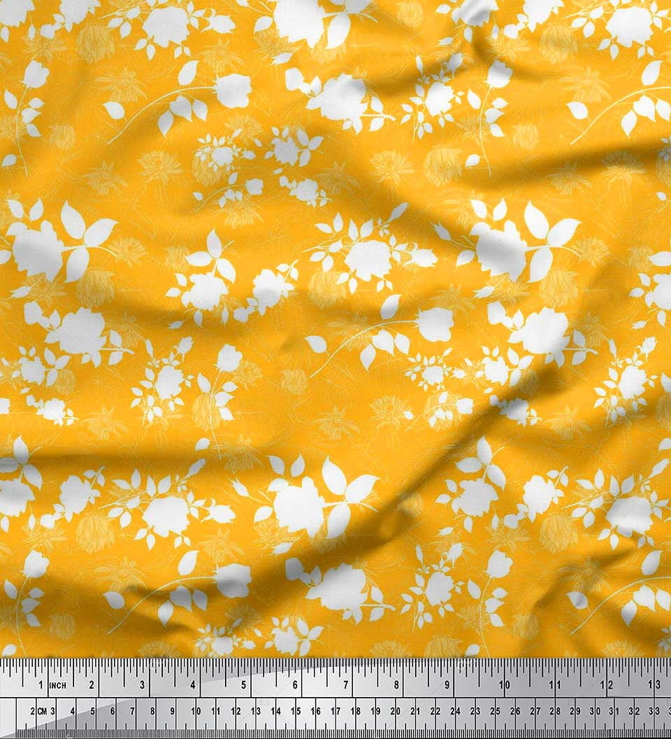 Soimoi Gold Rayon Fabric Monstera Leaves & Floral Printed Fabric 1 Yard ...