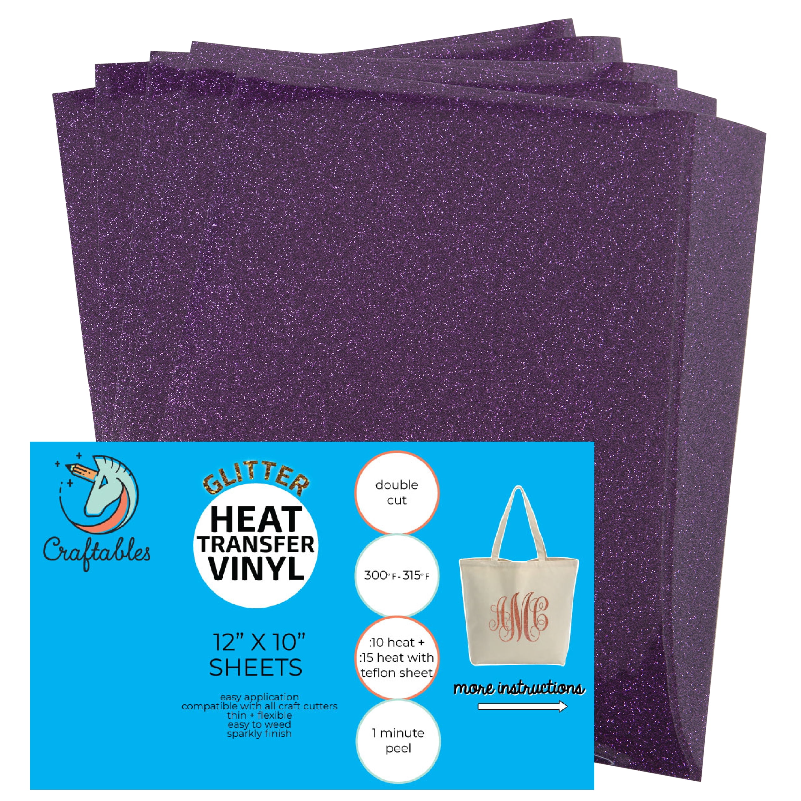 Craftables Purple Glitter Heat Transfer Vinyl, HTV - 5 Sheets Sparkling ...