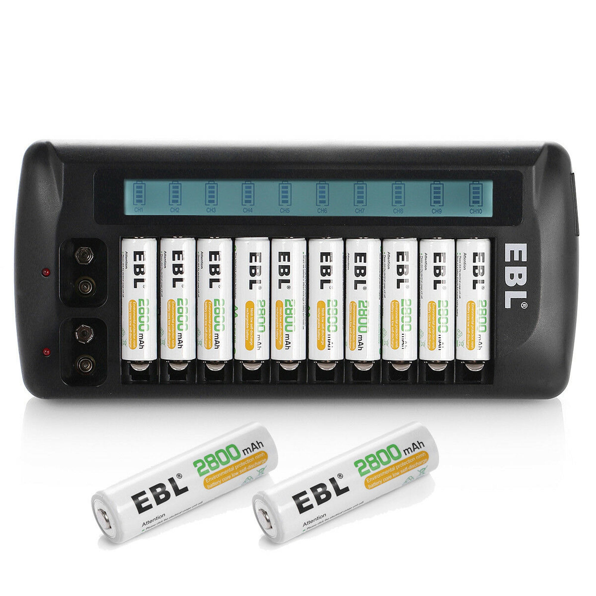 EBL 12-Pack 1.2v 2800mAh AA Battery + 12 Bay LCD Battery Charger for 9V ... EBL 12-Pack 1.2v 2800mAh AA Battery + 12 Bay LCD Battery Charger for 9V ...