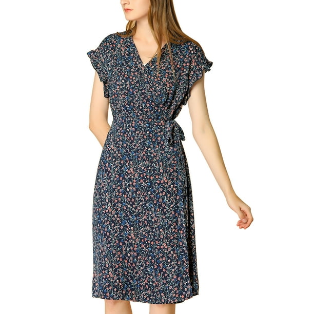 Allegra K Allegra K Womens Floral Ruffle Trim Cuff V Neck Self Belt