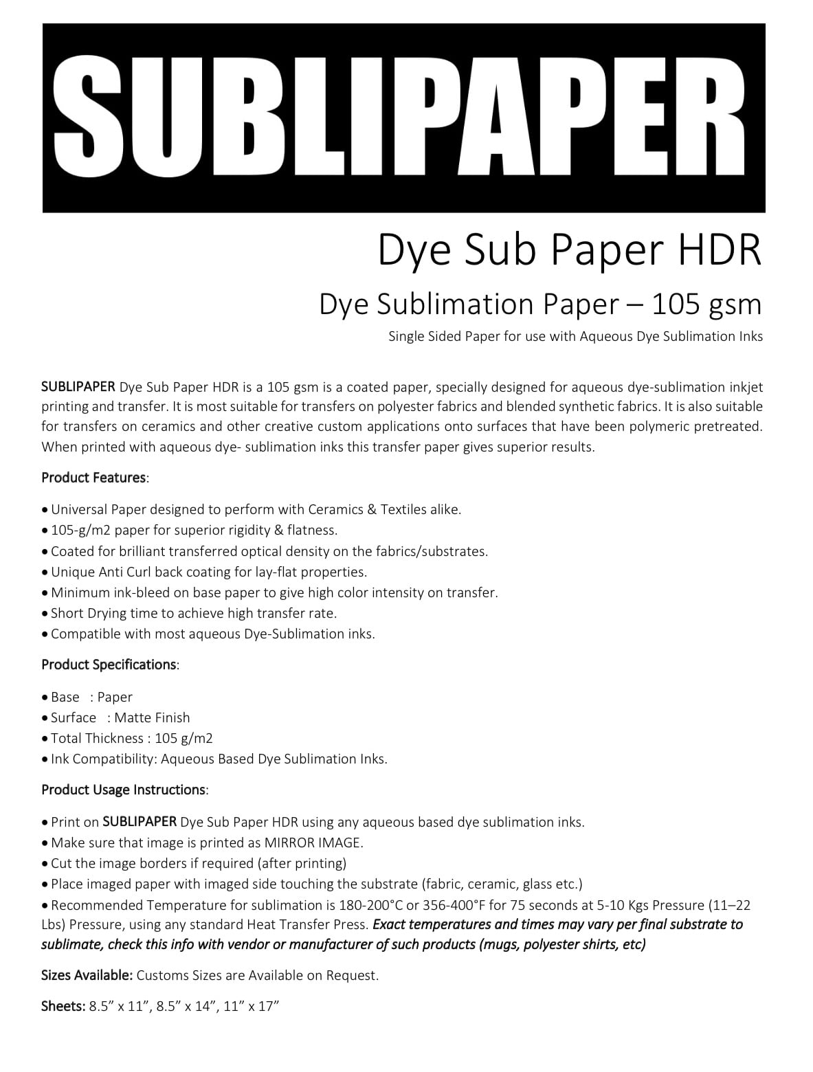 SUBLIPAPER Dye Sublimation Transfer Paper for Virtuoso, Epson and Brother 100 Sheets 8.5’x11 ...