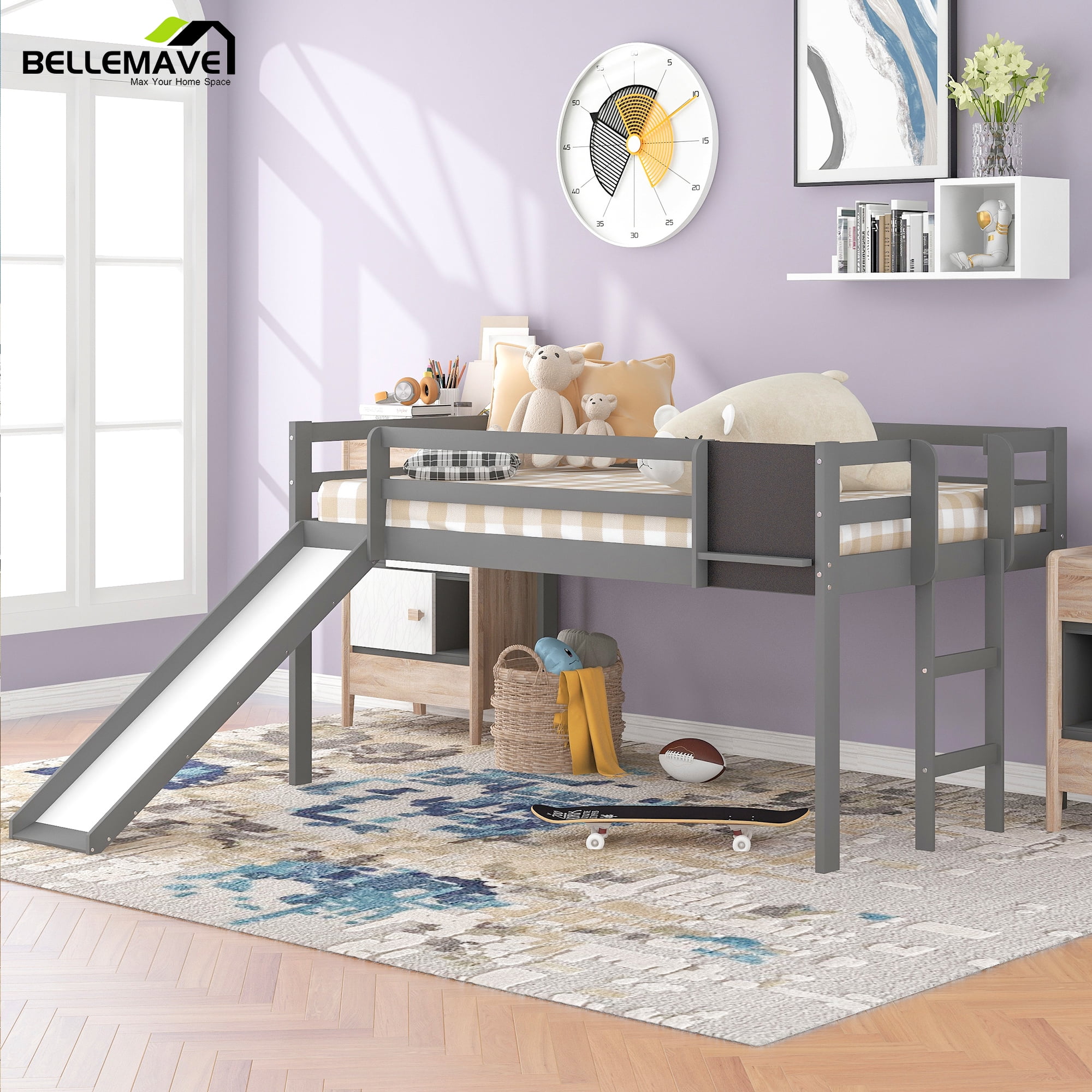 Bellemave Twin Kids Loft Bed Frame with Slide and Ladder, Wood Low Loft ...