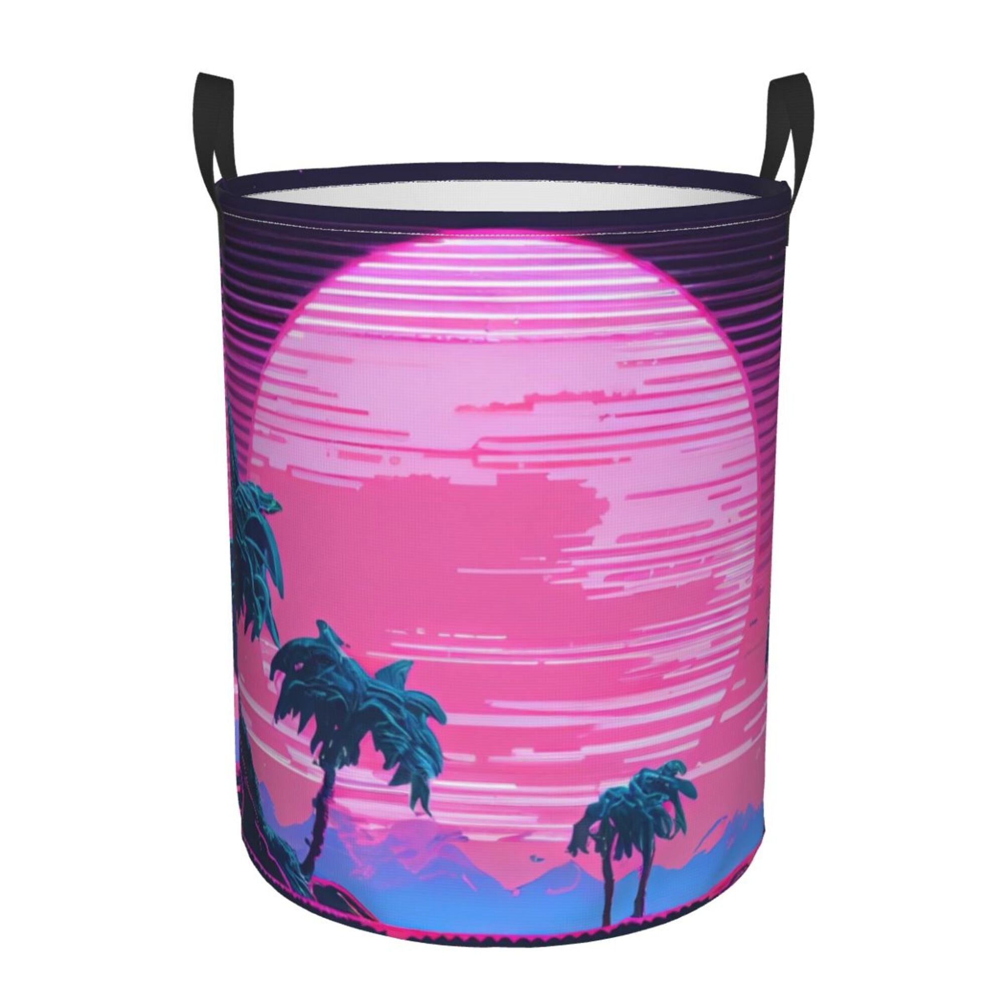 XMXY Round Laundry Basket Organizer, Retro Vaporwave Palm Trees ...