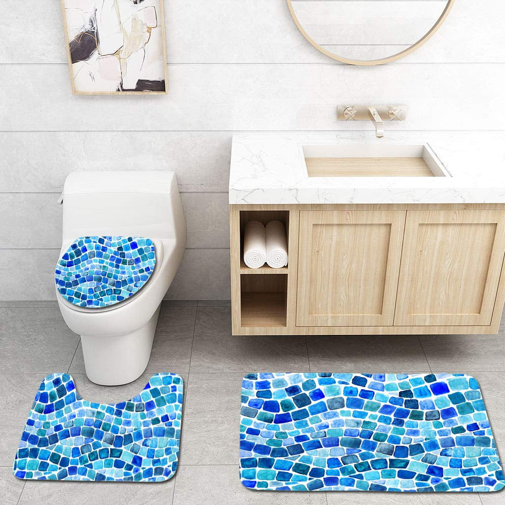 GOHAO Wave Blue Mosaic 3 Piece Bathroom Rugs Set Bath Rug Contour Mat ...